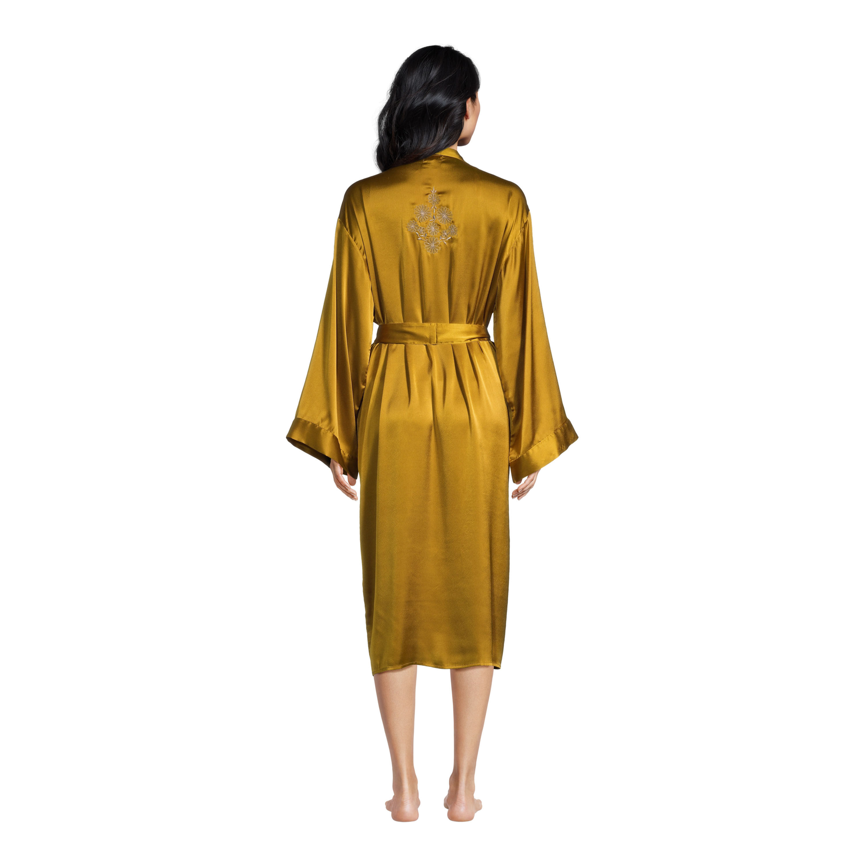 Mustard Satin Floral Embroidered Robe - World Market