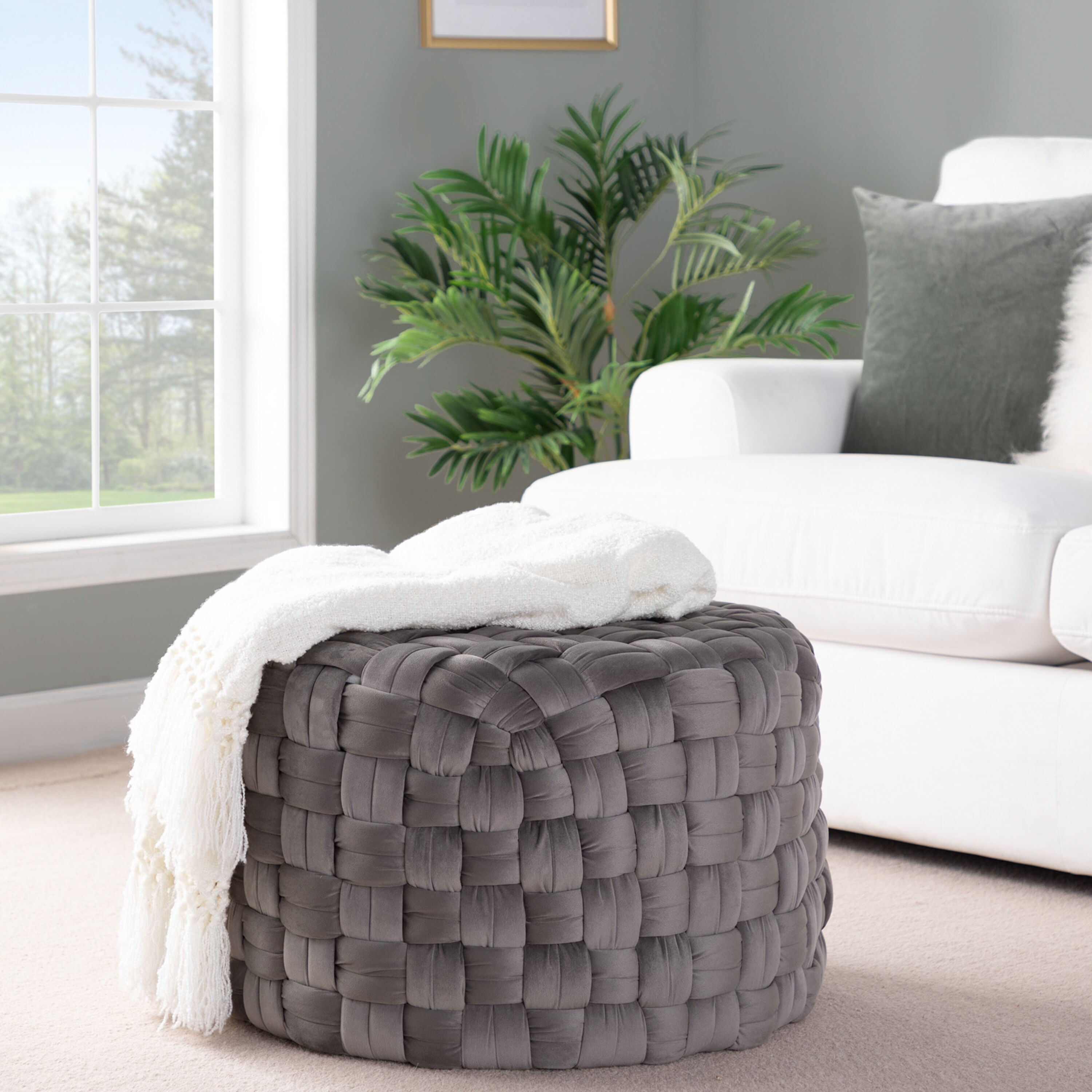 Dionne Round Velvet Basketweave Upholstered Ottoman - World Market