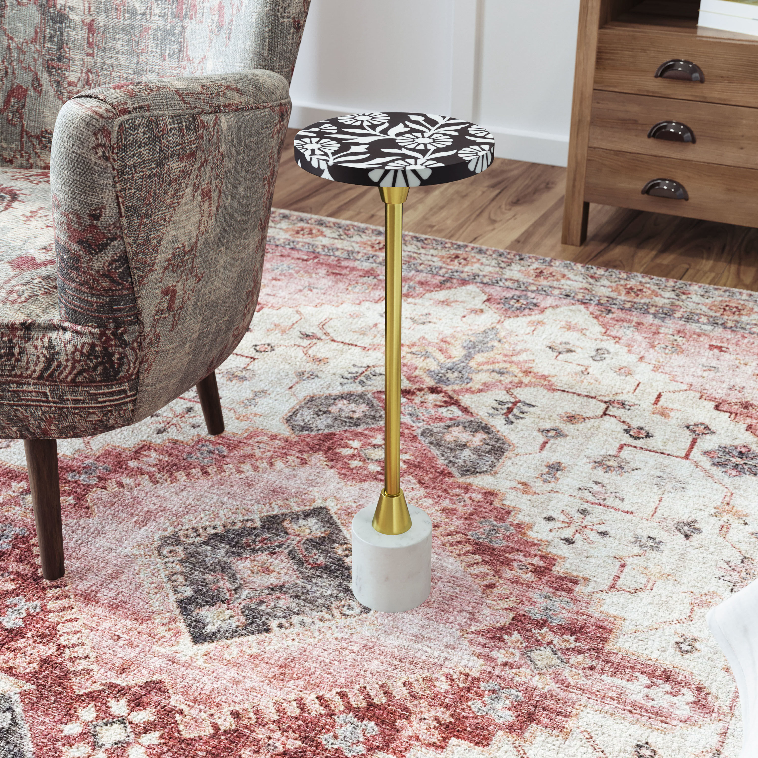 Kendall Round Floral Resin Top and Marble Base Side Table by World Market