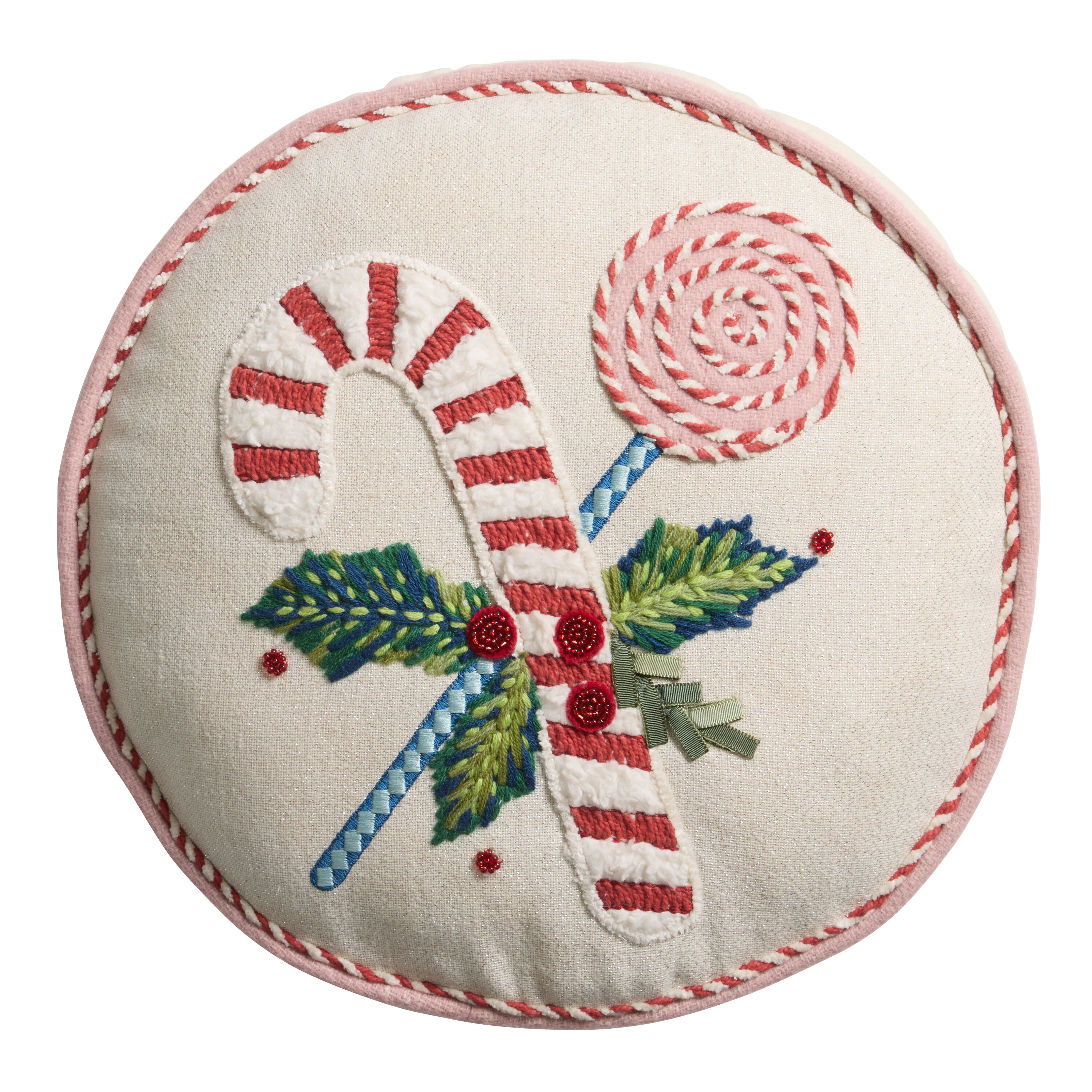 Round Ivory and Red Candy Cane Embroidered Throw Pillow - World Market