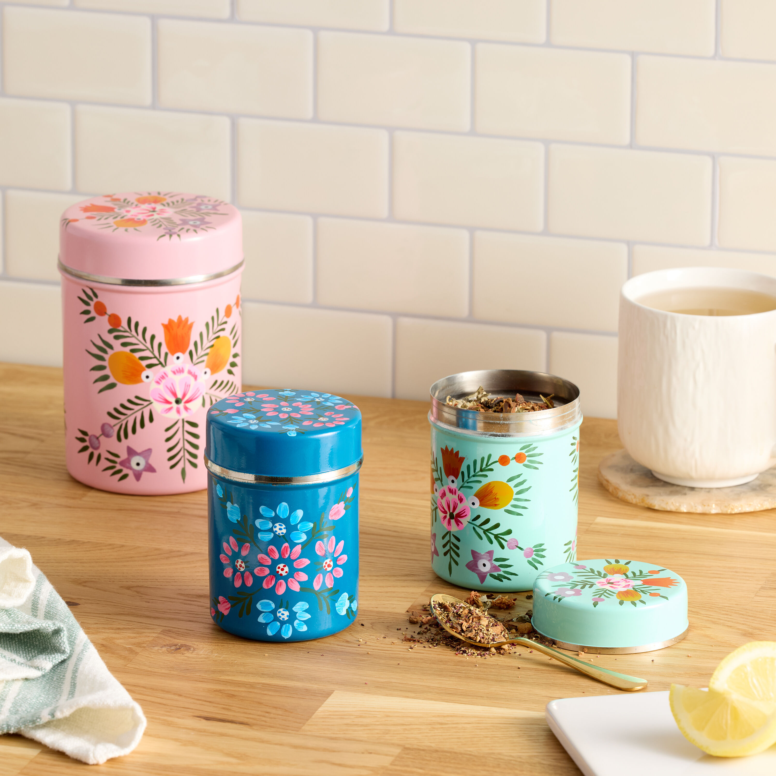 Small Hand Painted Metal Floral Storage Canister - World Market