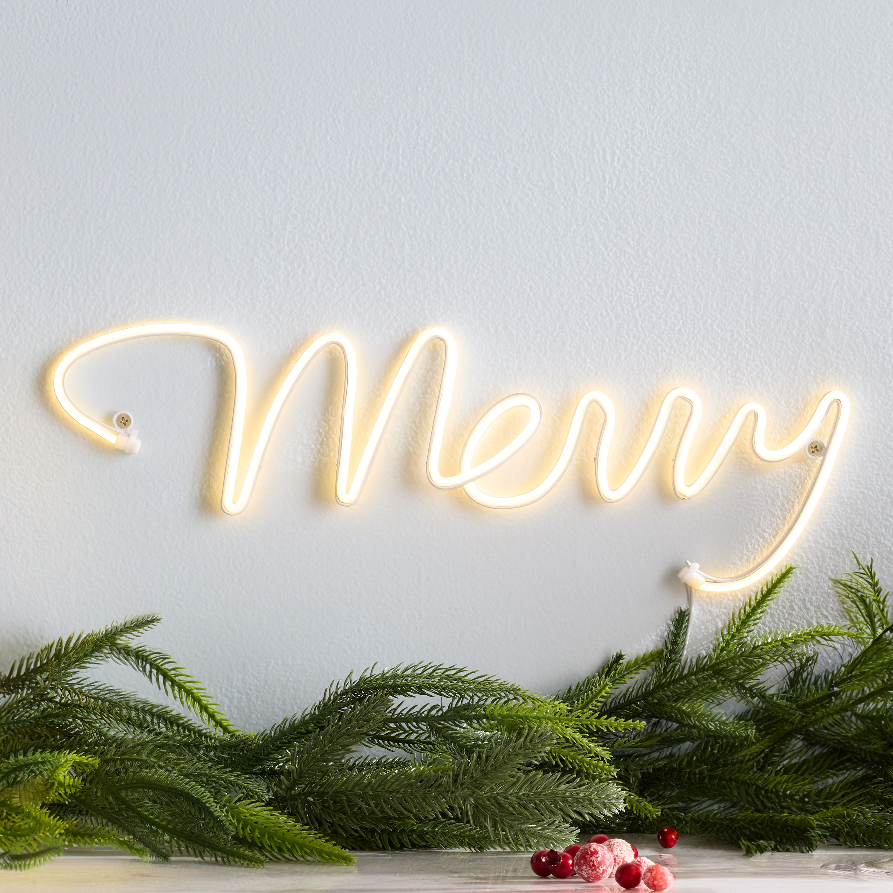 Neon Warm Yellow Merry LED Electric Sign Wall Decor - World Market
