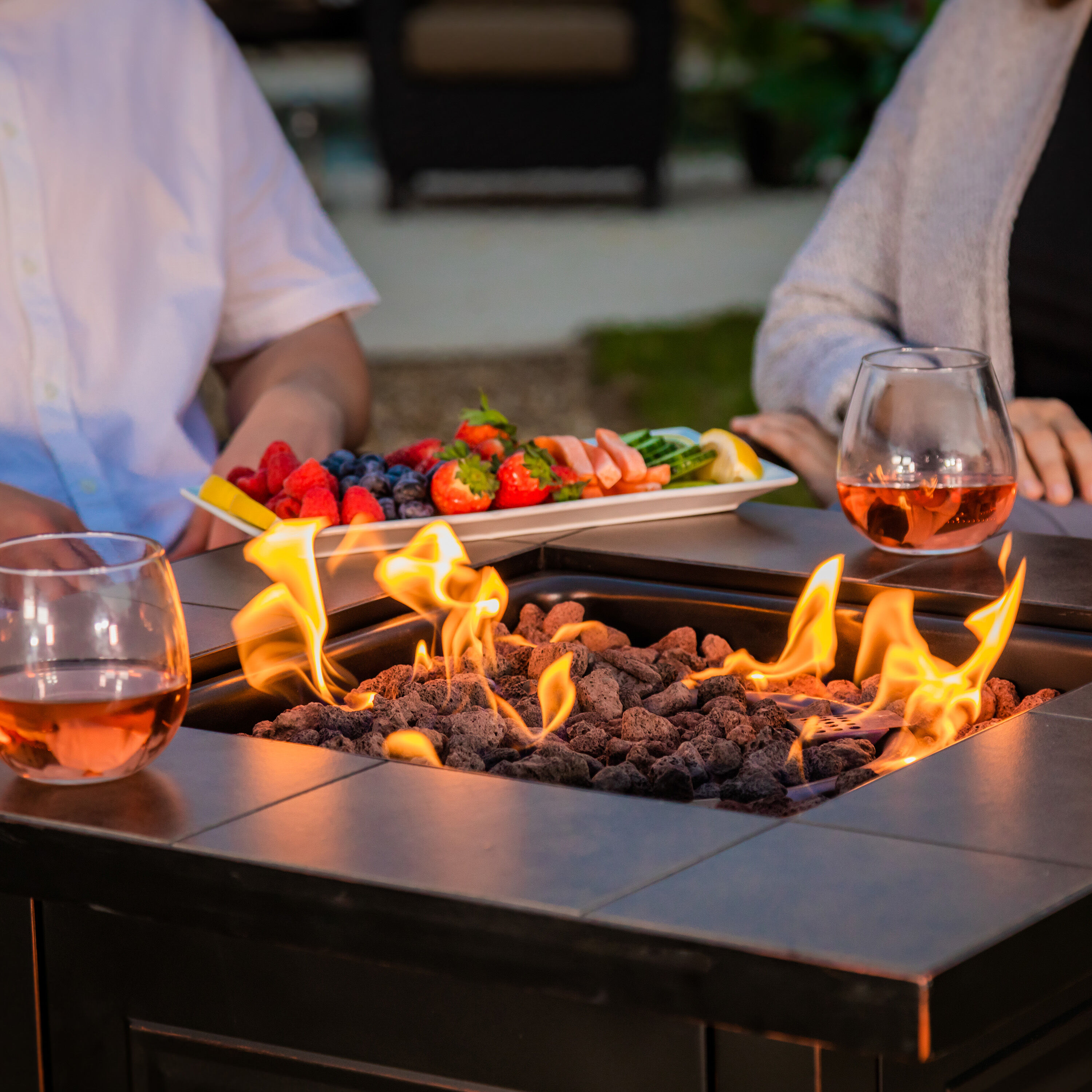 Lota Square Brown Ceramic Tile and Steel Gas Fire Pit Table - World Market