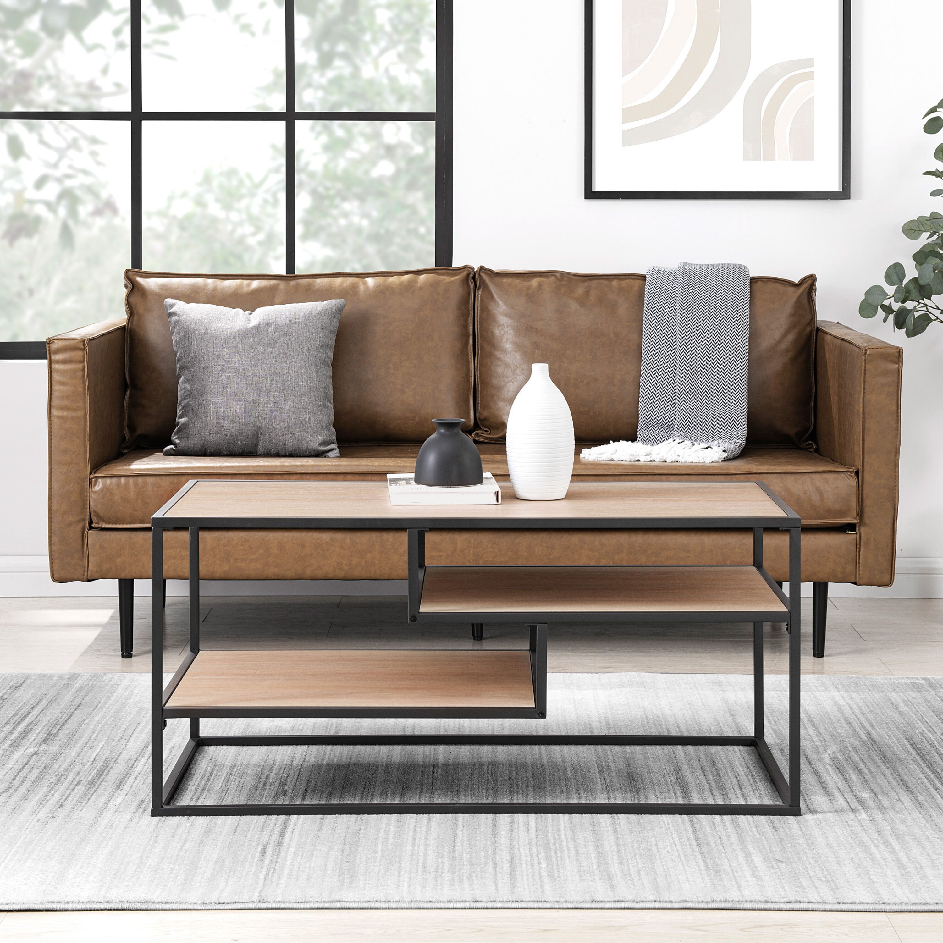 Lyon Wood and Black Steel Coffee Table with Shelves - World Market