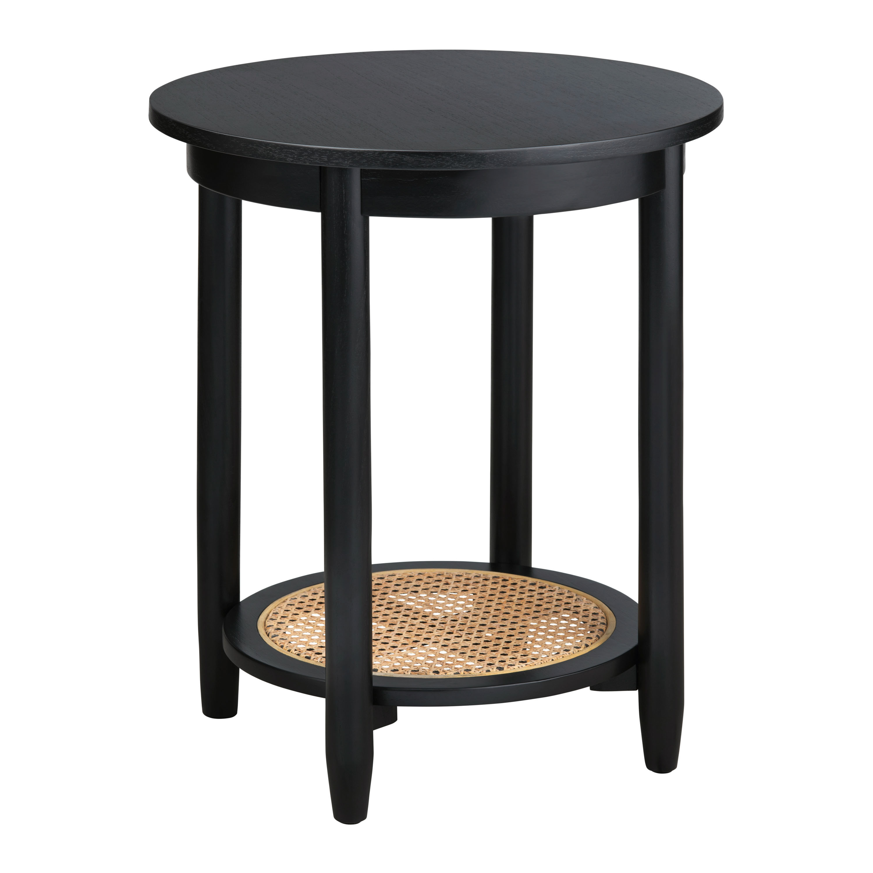 Connaught Round Black Wood and Rattan Side Table with Shelf - World Market