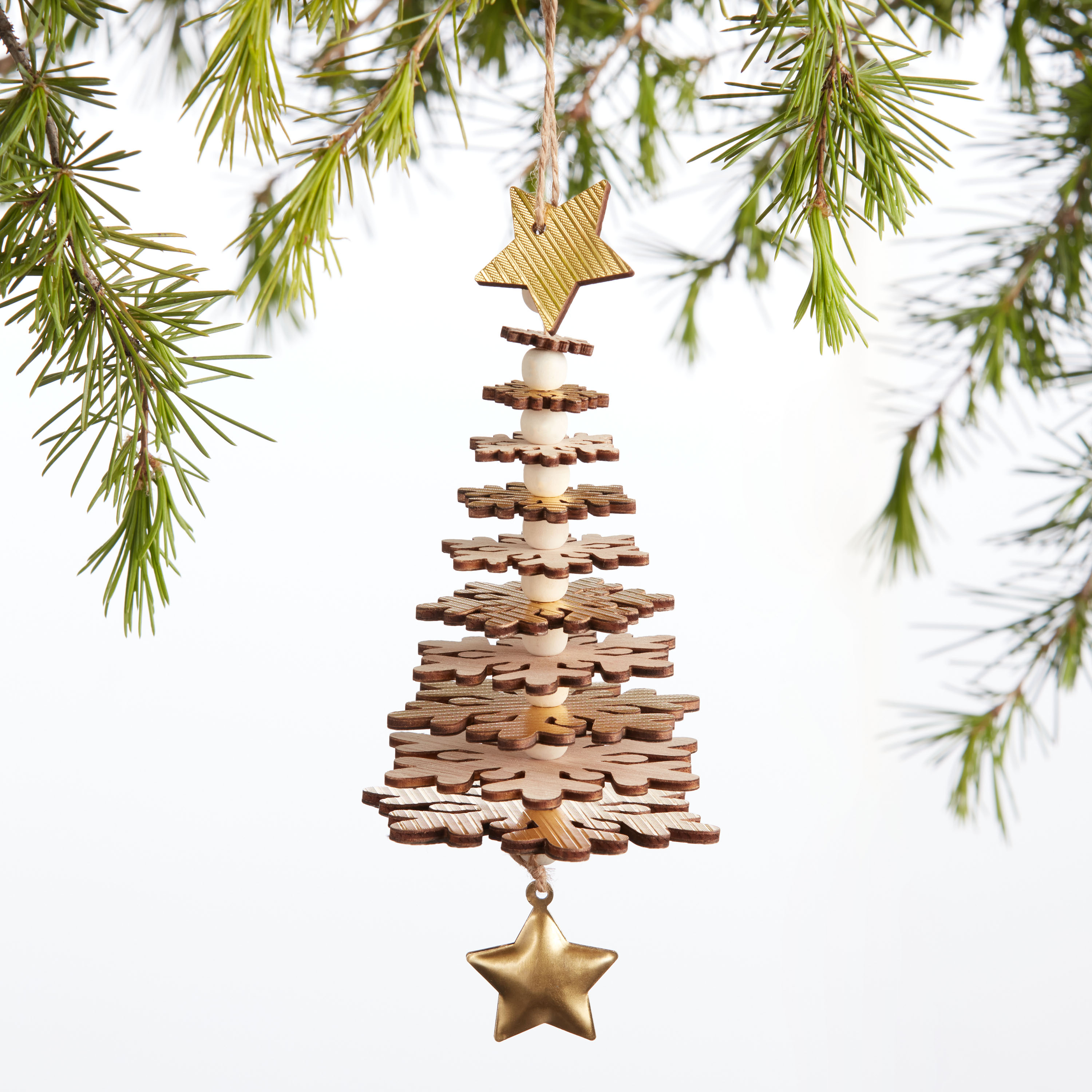 Gold Wood Snowflake Tree with Stars Ornament - World Market