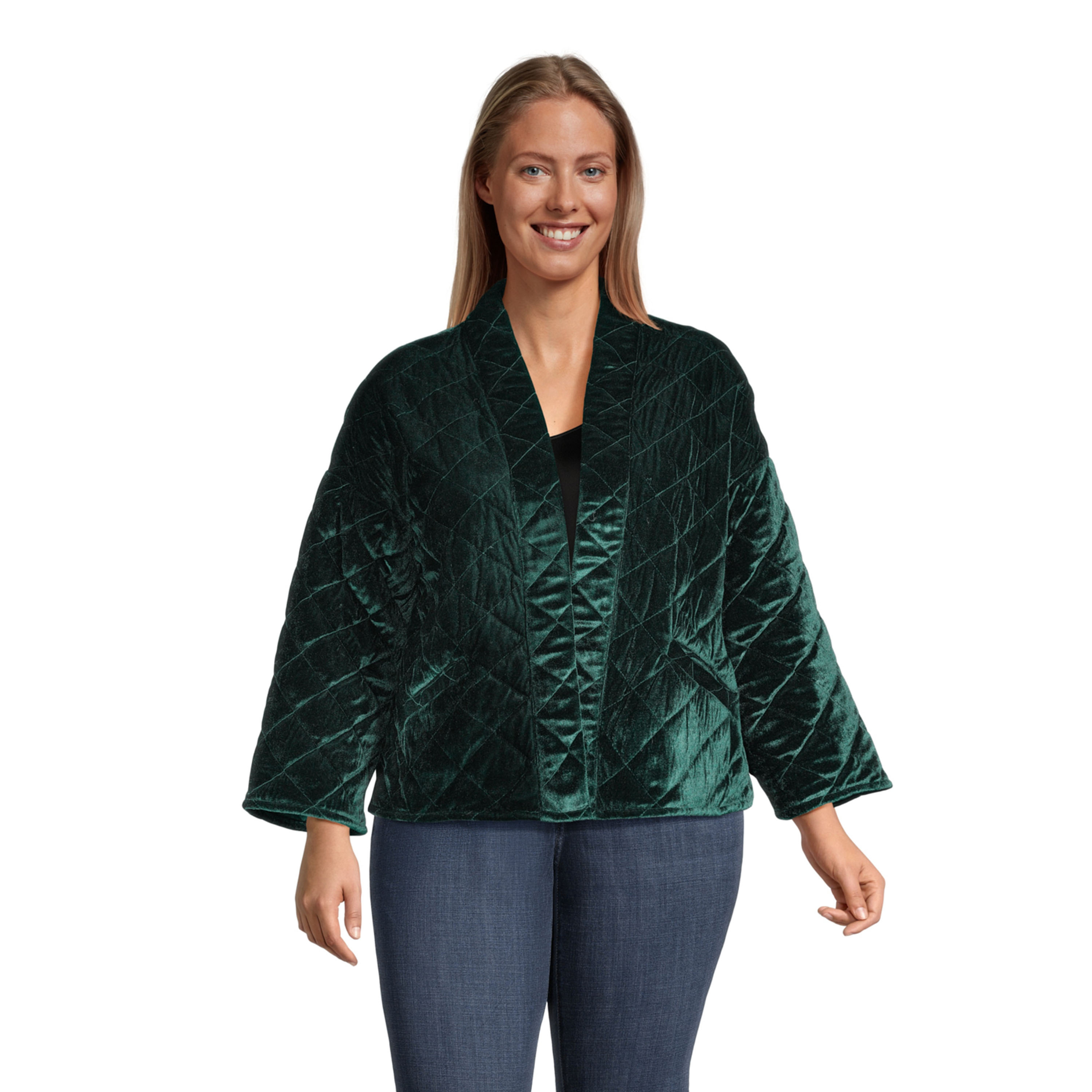 Pine Green Velvet Quilted Open Front Jacket with Pockets - World Market