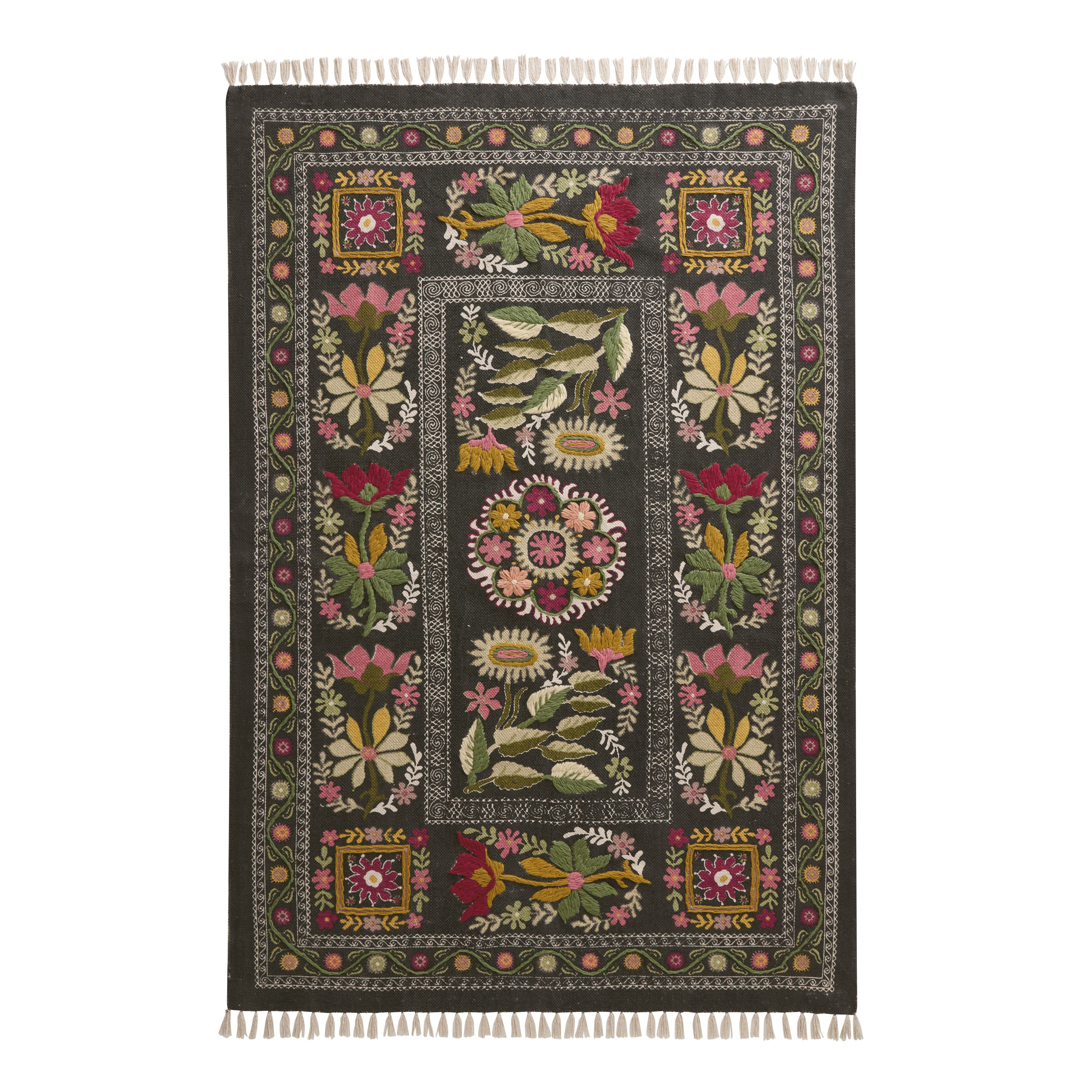 Eleni Floral Print Flatwoven Cotton Embroidered Area Rug - World Market