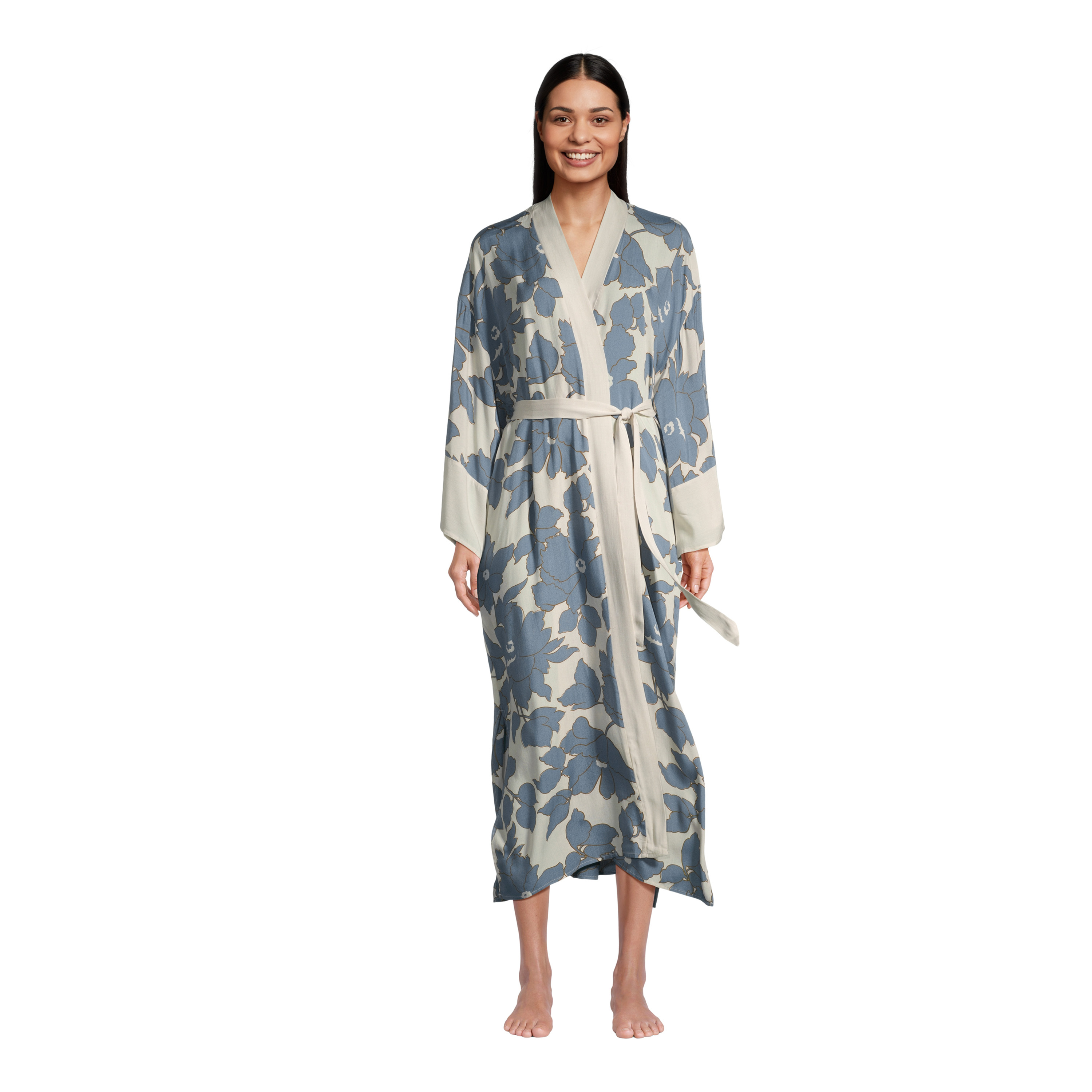 Sabah Ivory And Blue Modern Floral Robe - World Market