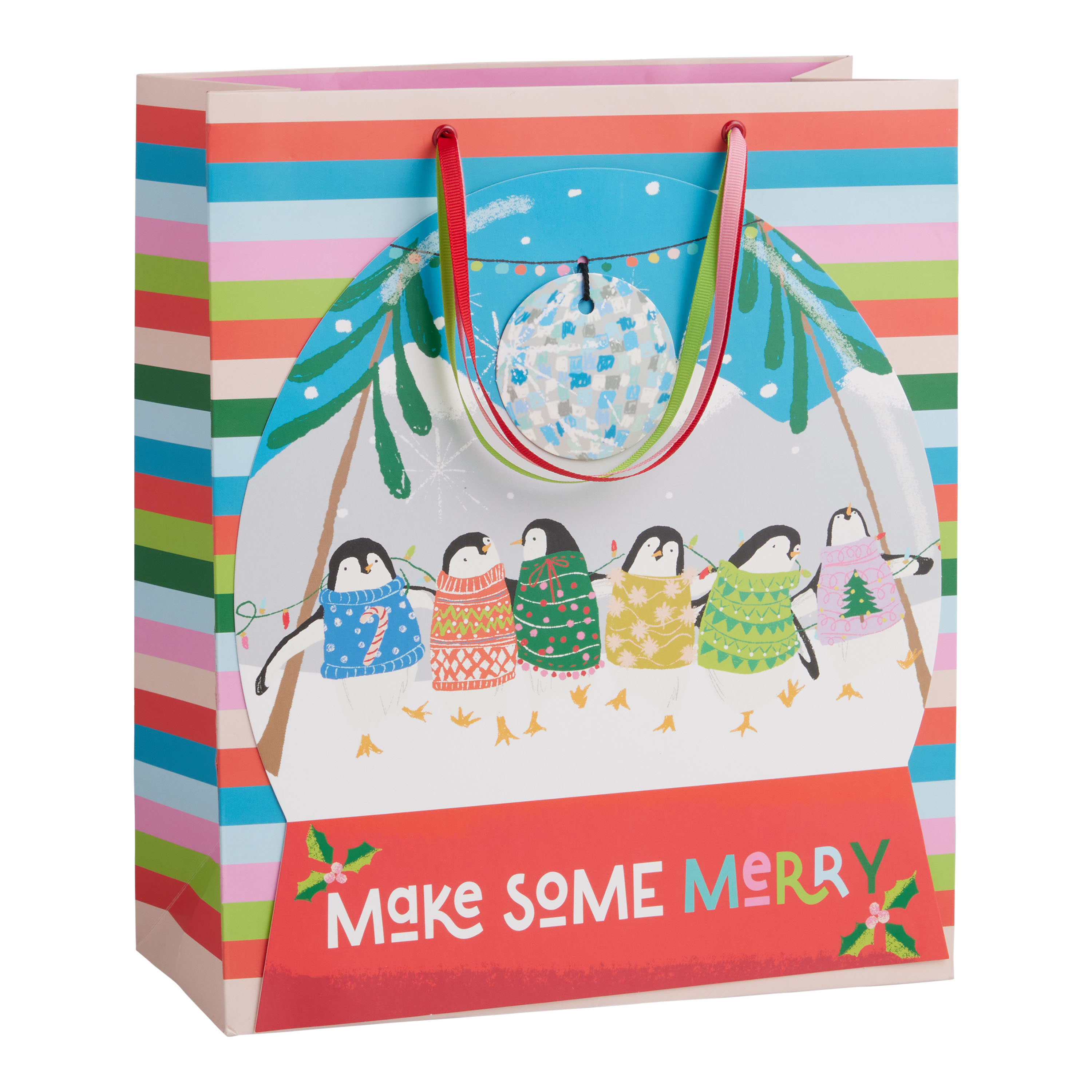 Large Penguin Disco Party Die Cut Holiday Gift Bag - World Market