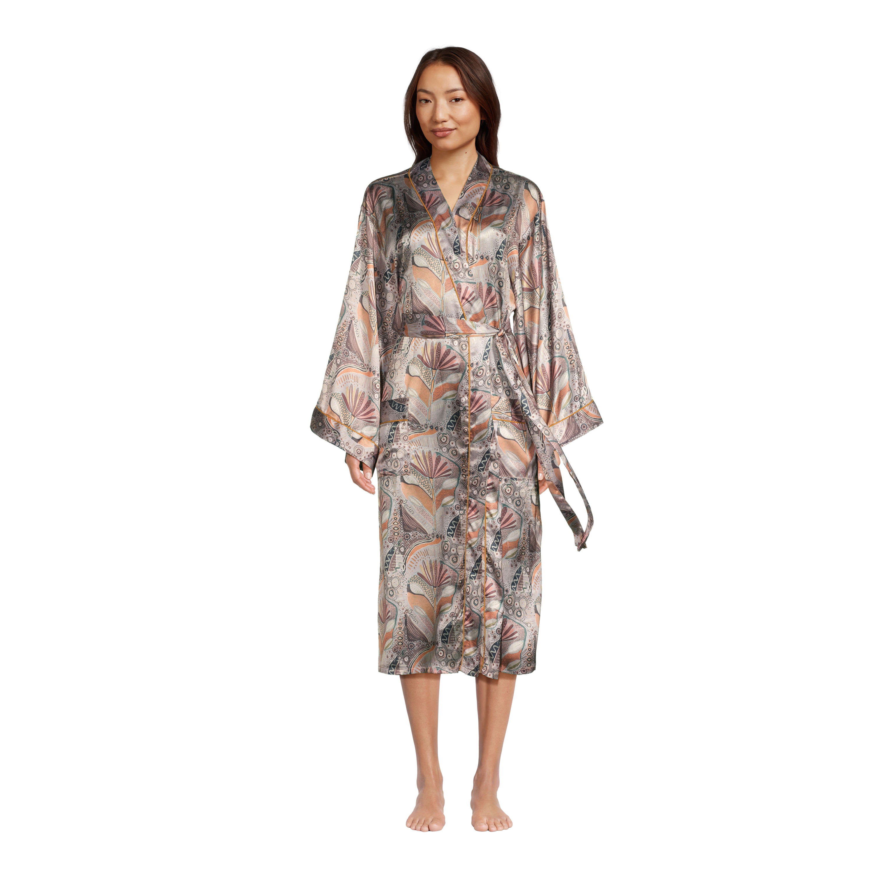 Hazel Gray and Brown Abstract Fan Satin Robe - World Market