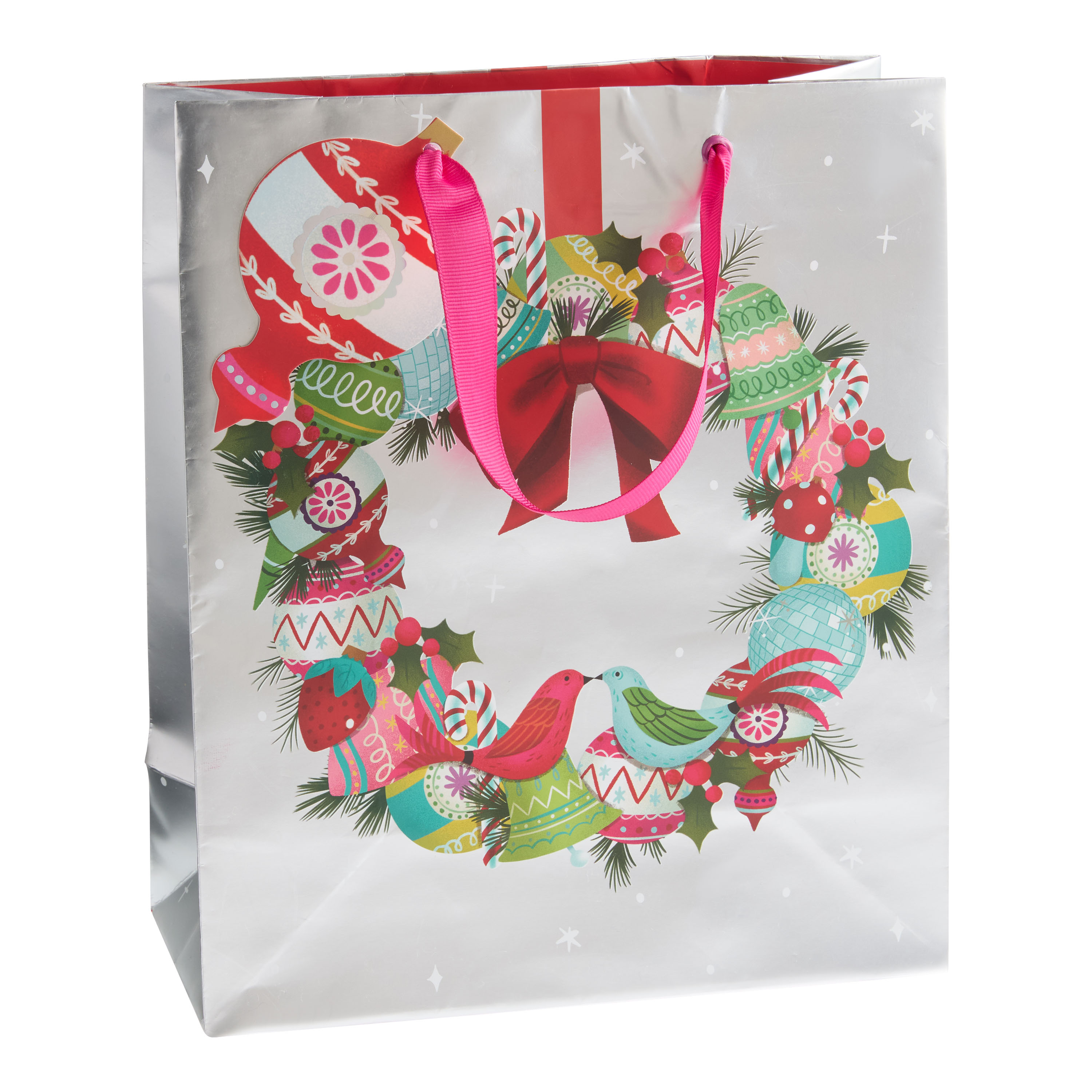 Medium Silver Ornament Wreath Holiday Gift Bag - World Market