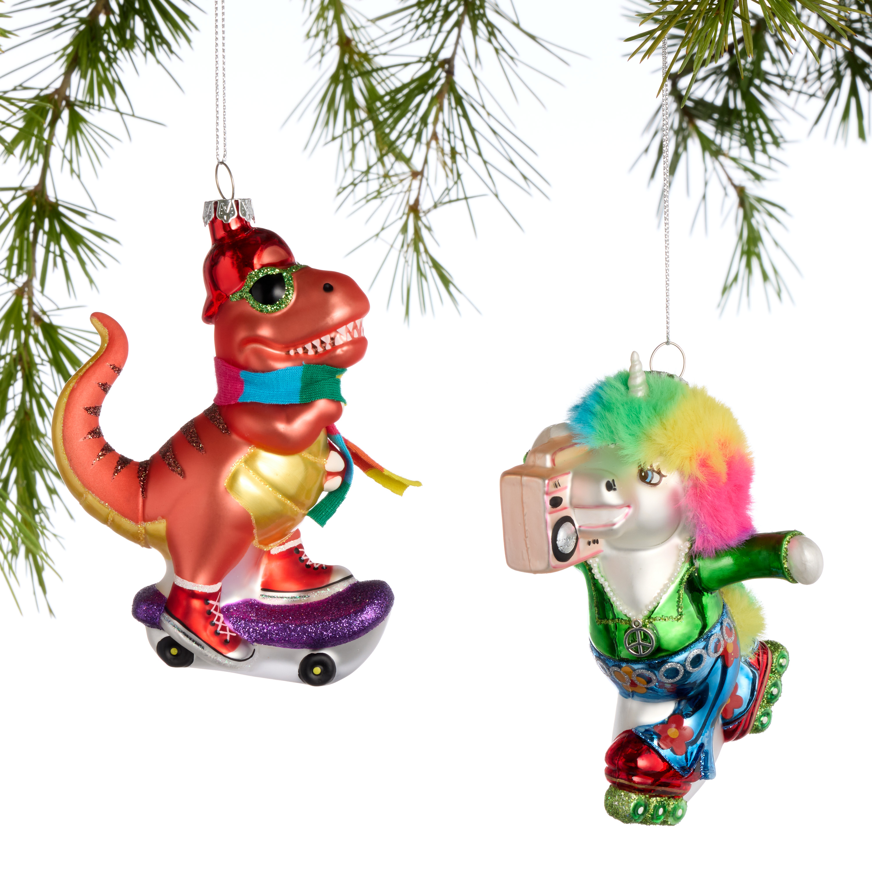 Glass Unicorn and Dinosaur Skater Ornaments Set of 2 - World Market