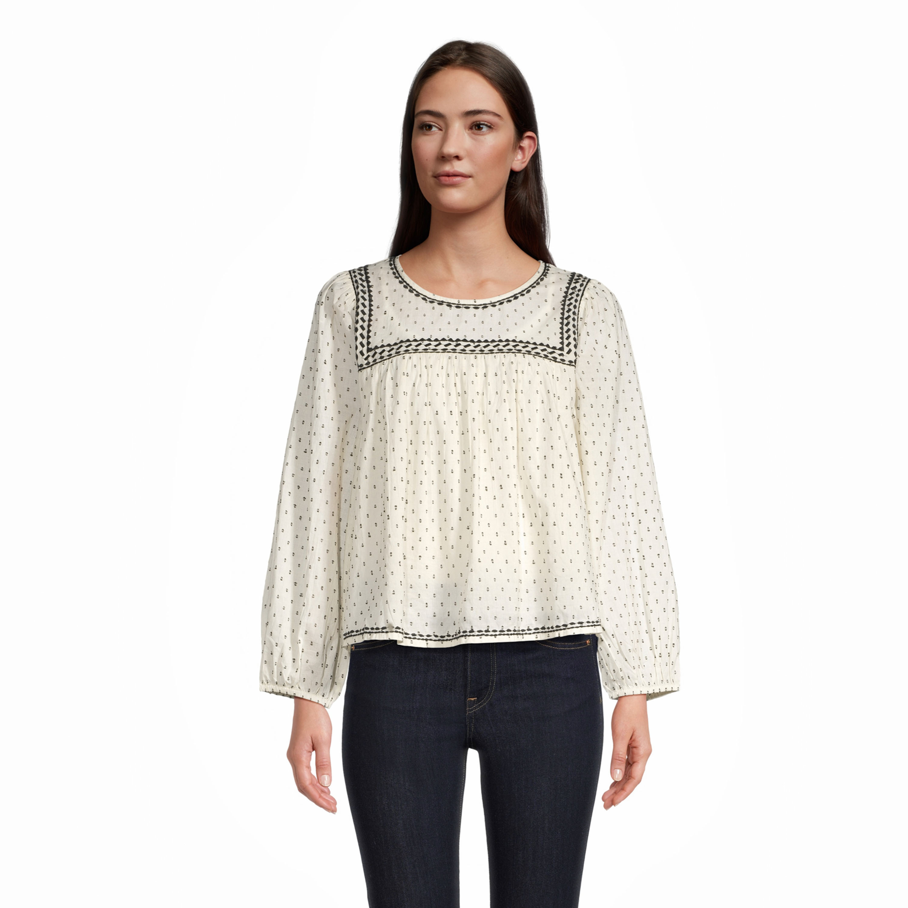 Tasha Cream and Black Dobby Embroidered Top - World Market