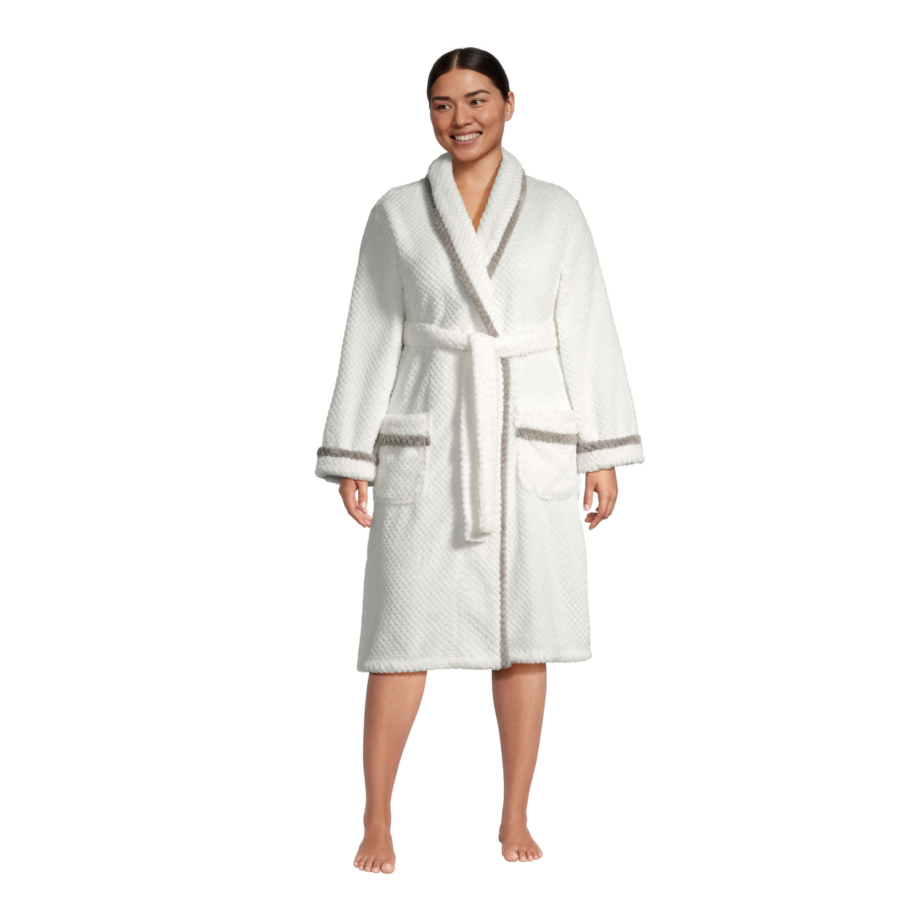 White and Gray Textured Super Soft Fleece Robe - World Market