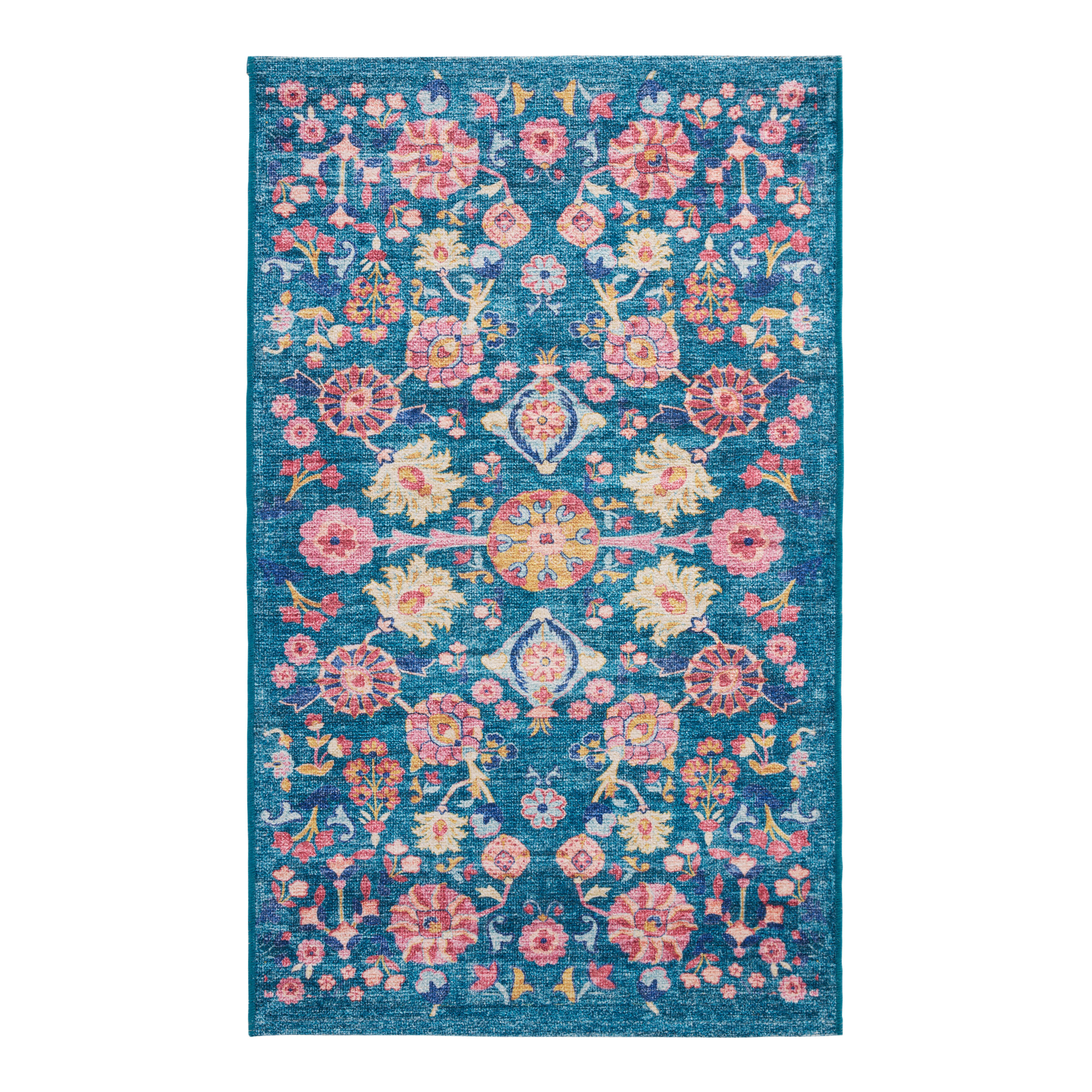 Arista Pink and Teal Floral Medallion Washable Area Rug - World Market