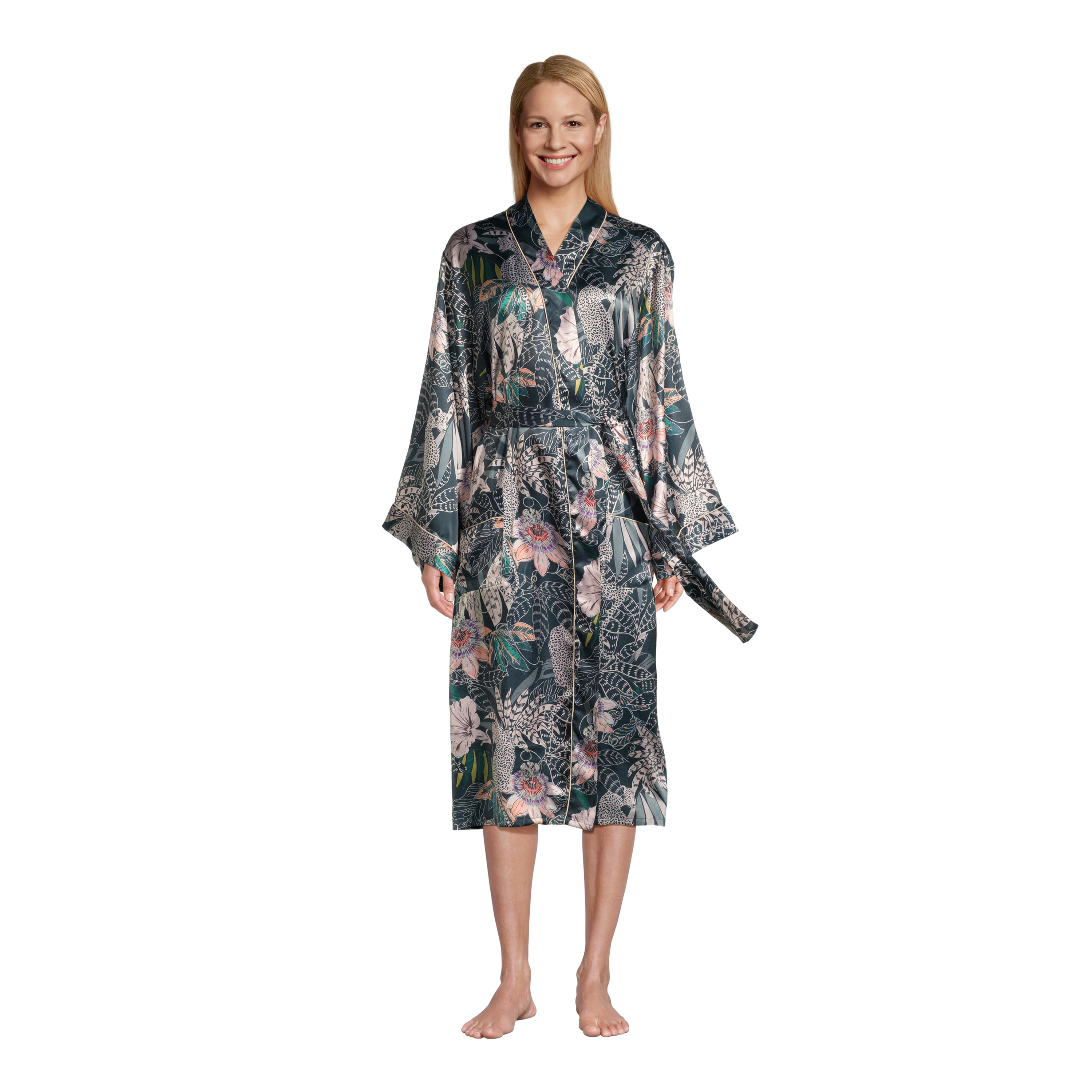 Multicolor Teal Satin Tropical Botanical Robe - World Market