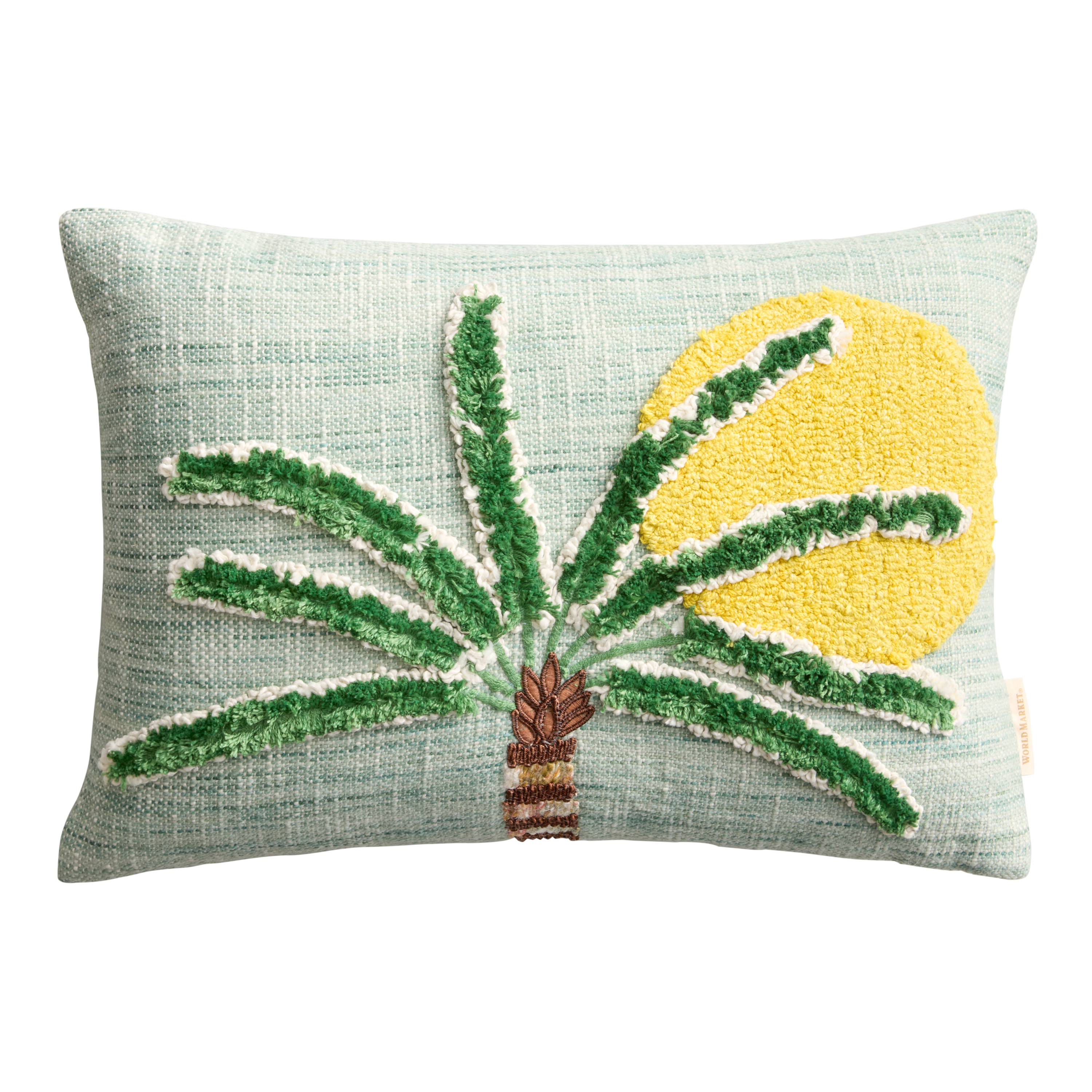 Blue Palm Tree Embroidered Indoor Outdoor Lumbar Pillow - World Market