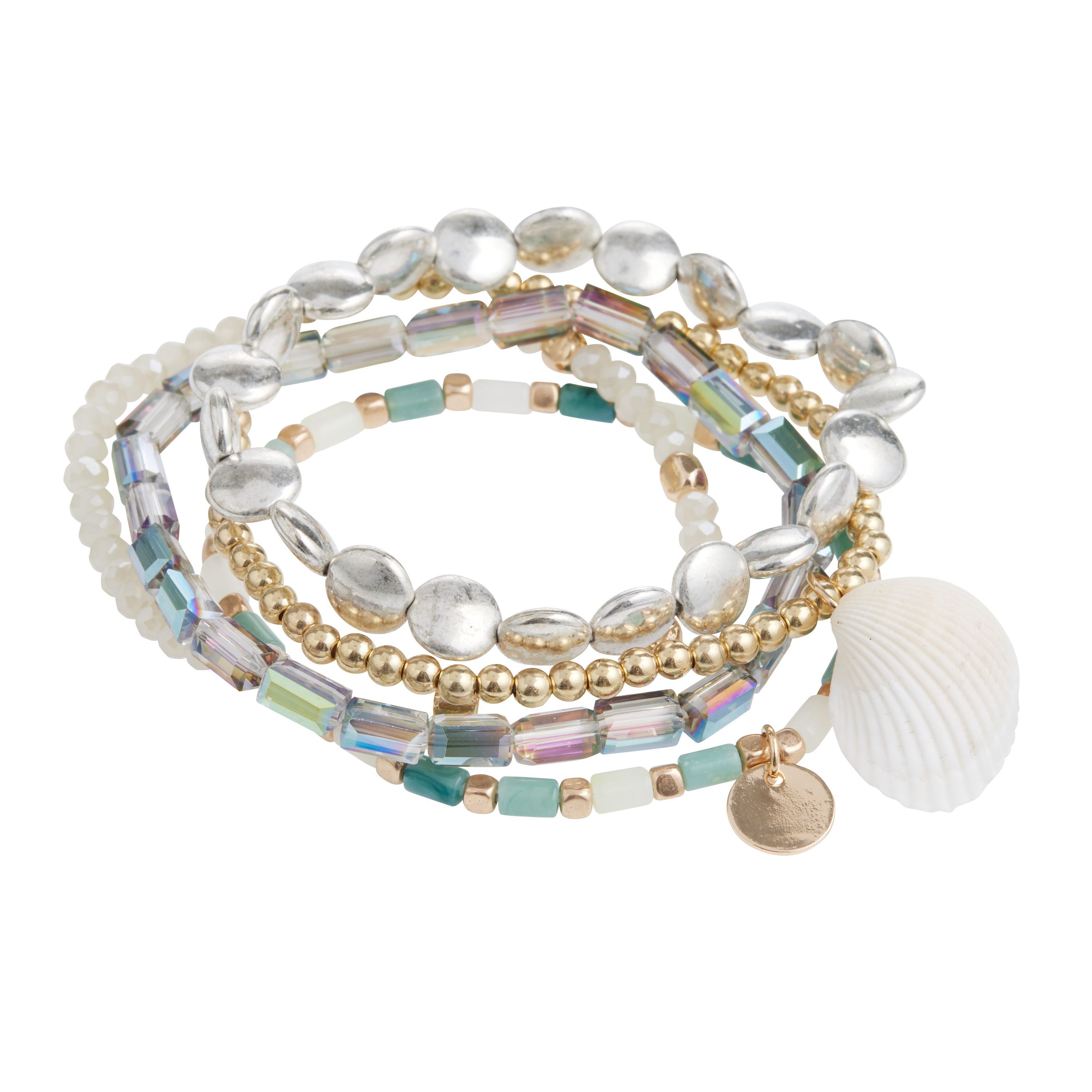 Iridescent Blue Shell Charm Beaded Stretch Bracelets 4 Pack - World Market