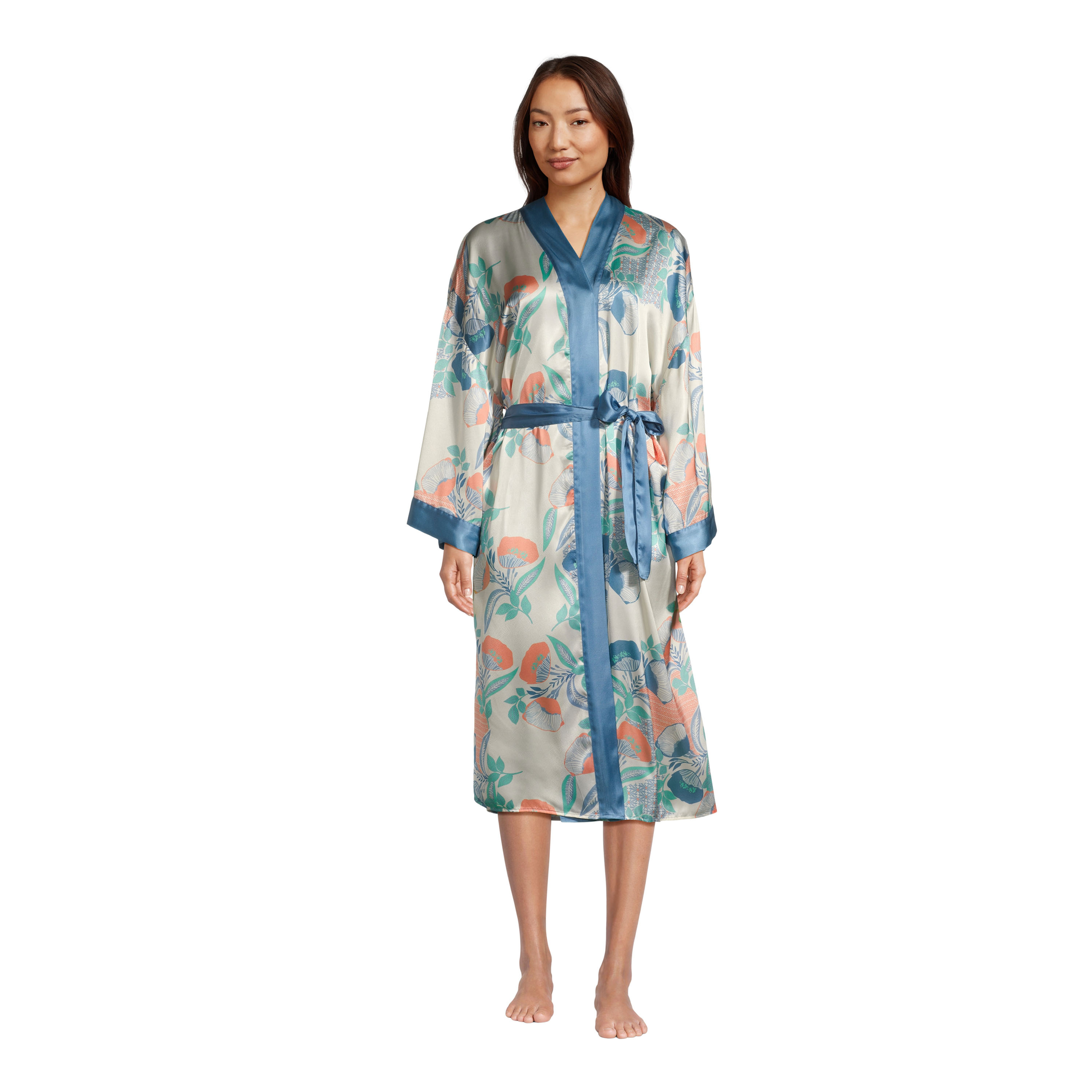 Blue and Coral Satin Poppy Flower Robe - World Market