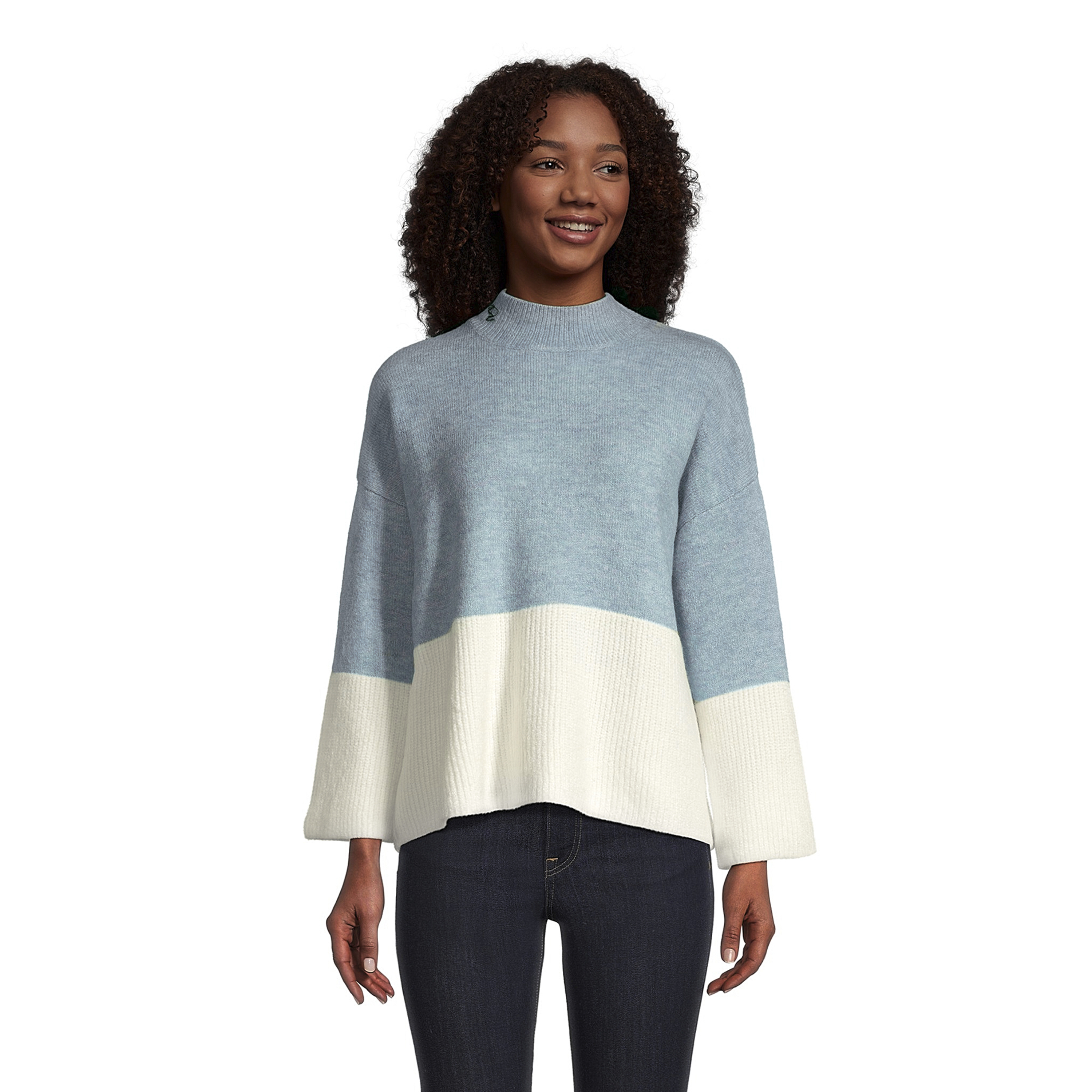 Sky Blue and White Color Block Mock Neck Lounge Sweater - World Market