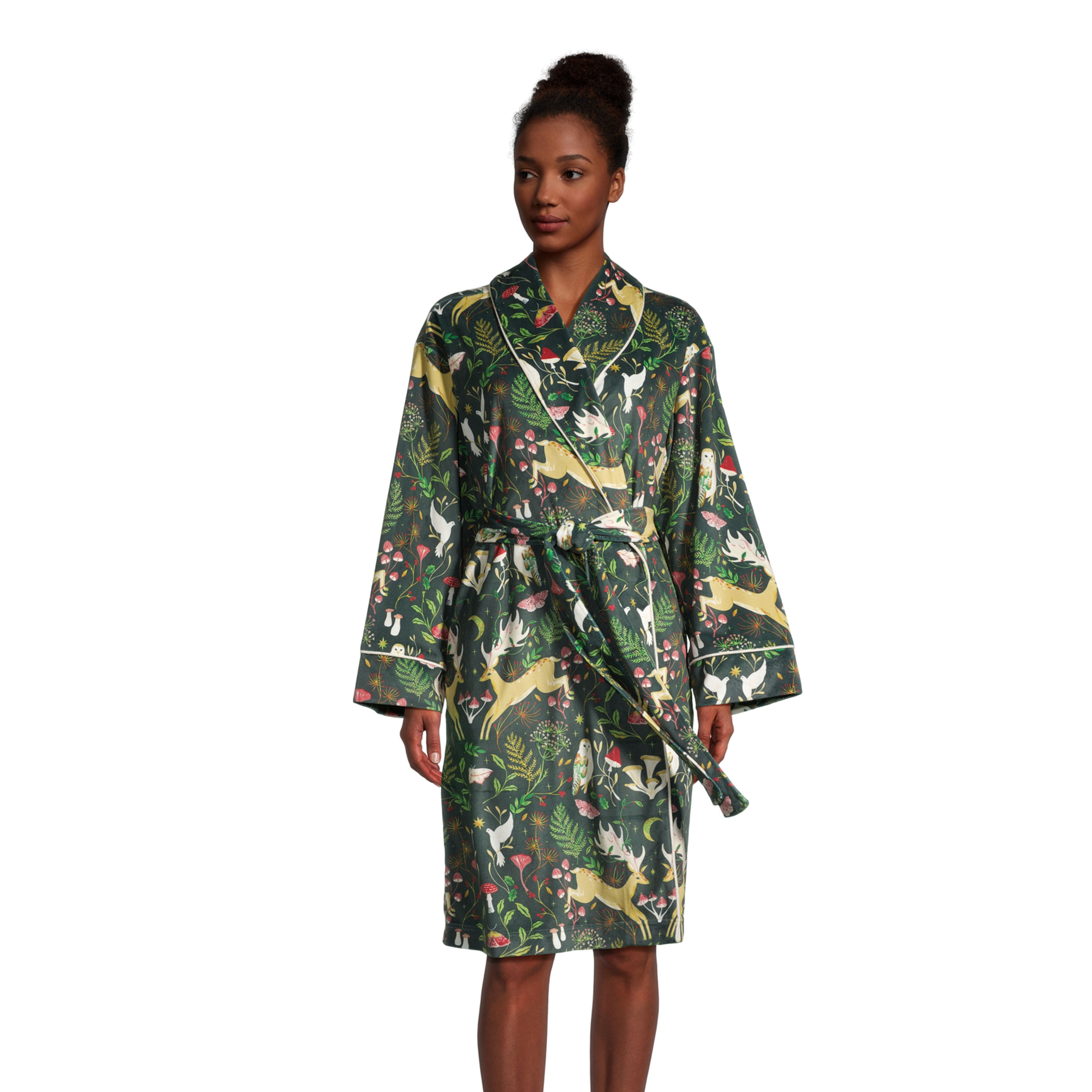Dark Green Folkloric Forest Fleece Robe - World Market