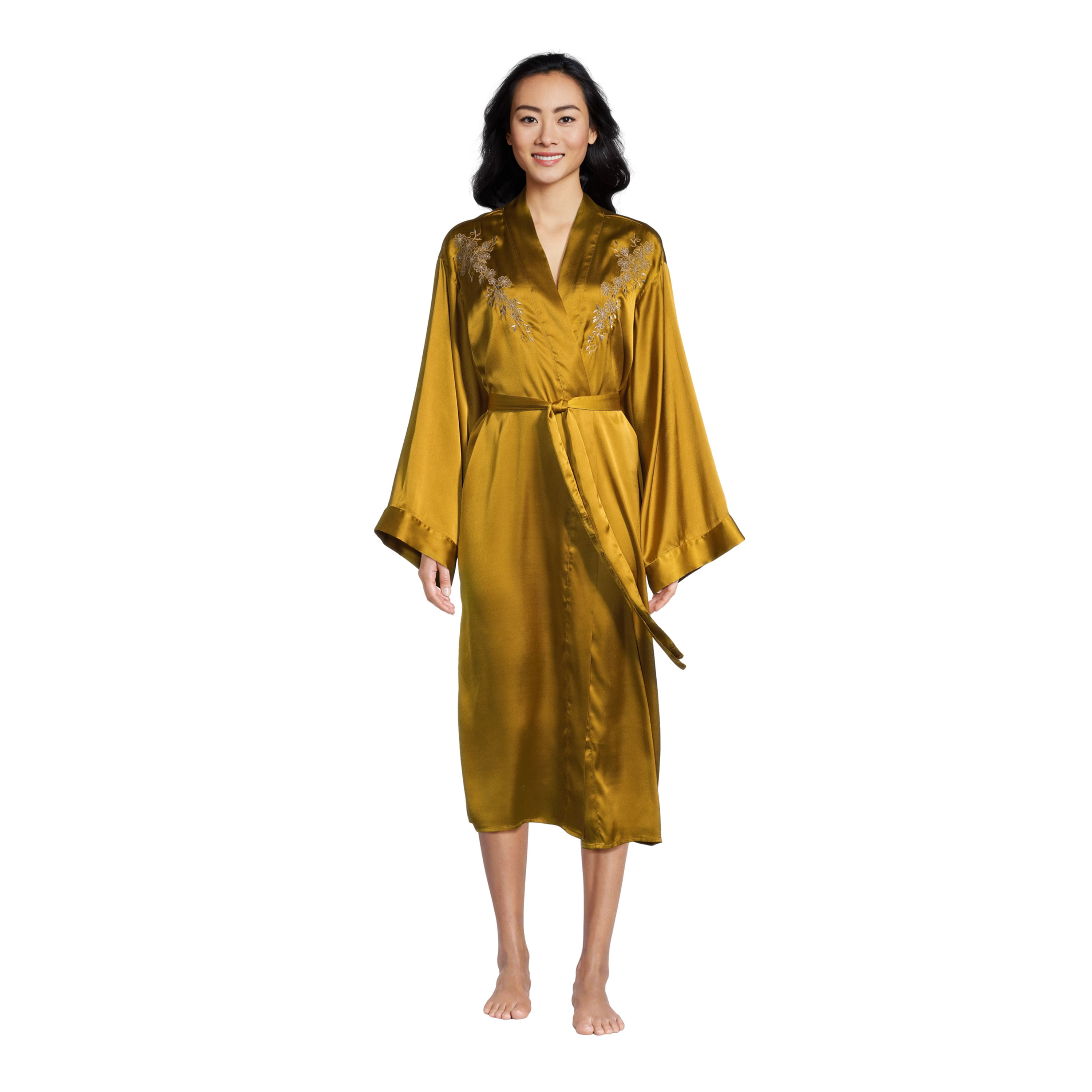Mustard Satin Floral Embroidered Robe - World Market