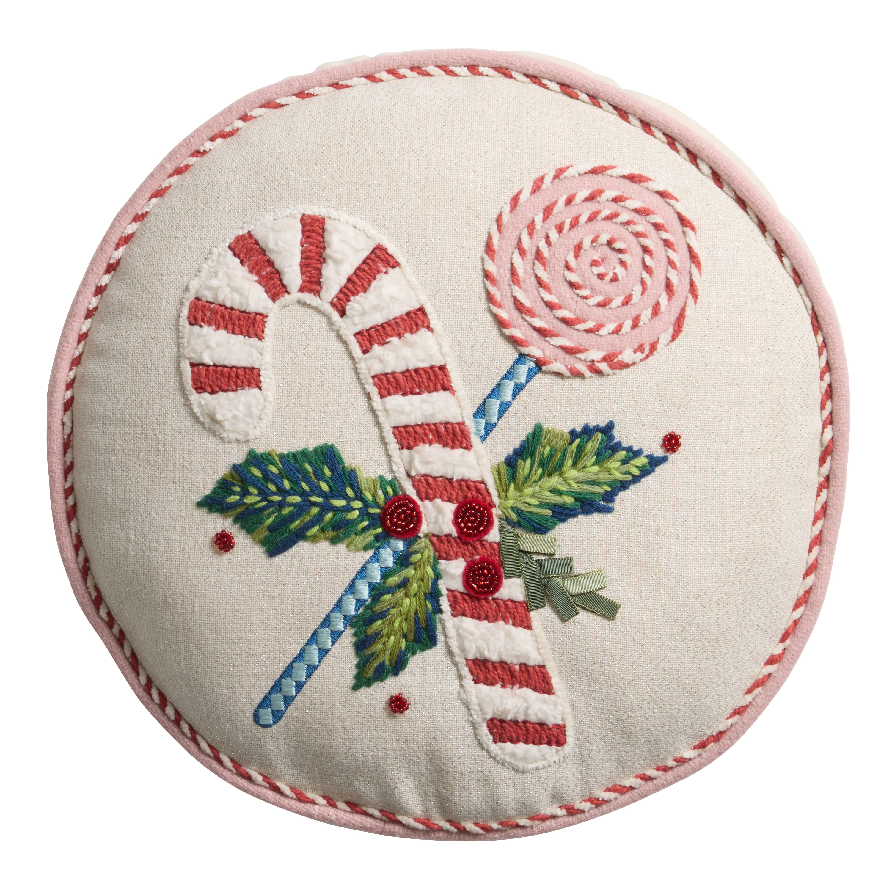 Round Ivory and Red Candy Cane Embroidered Throw Pillow - World Market