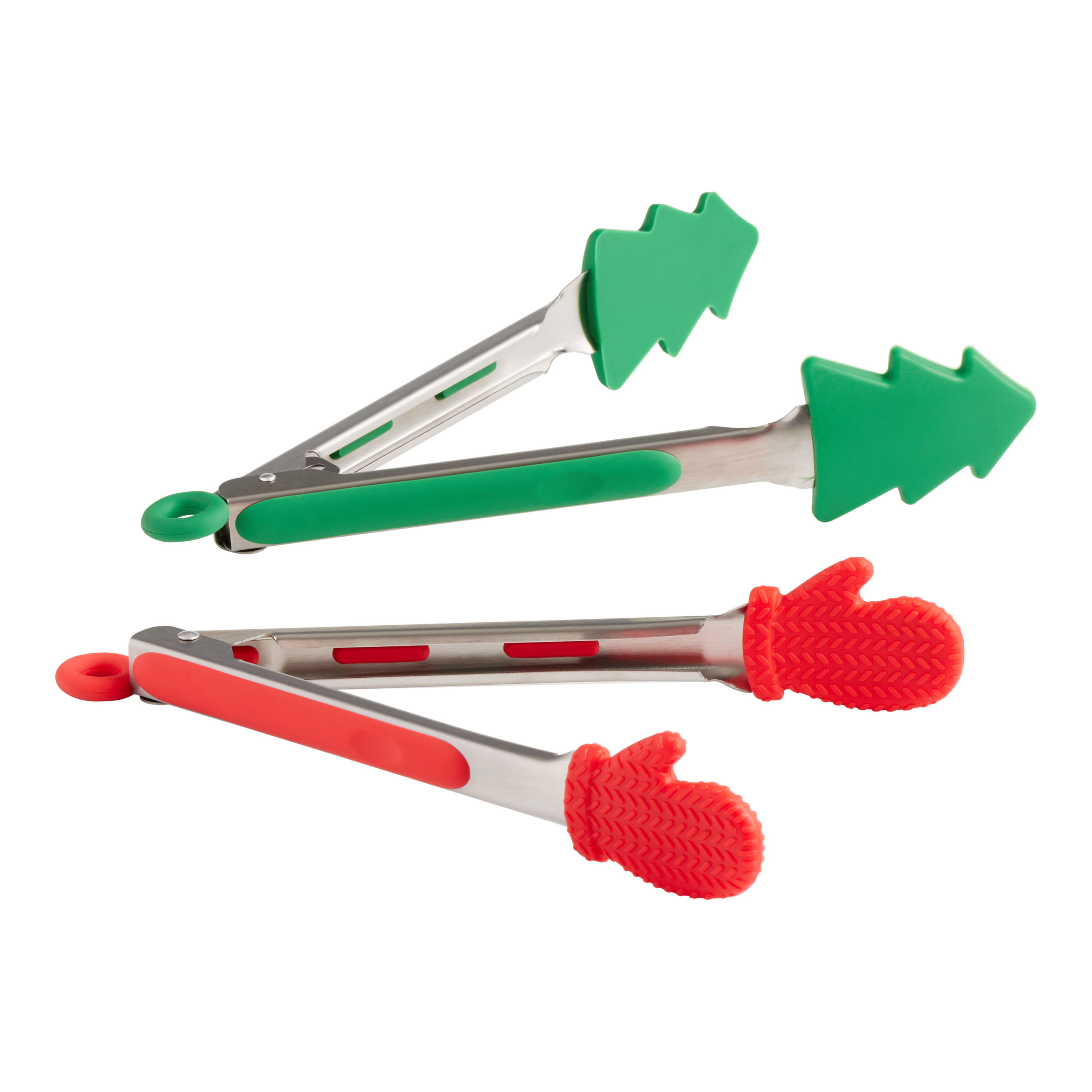 Green Tree and Red Mitten Silicone and Steel Tongs Set of 2 - World Market