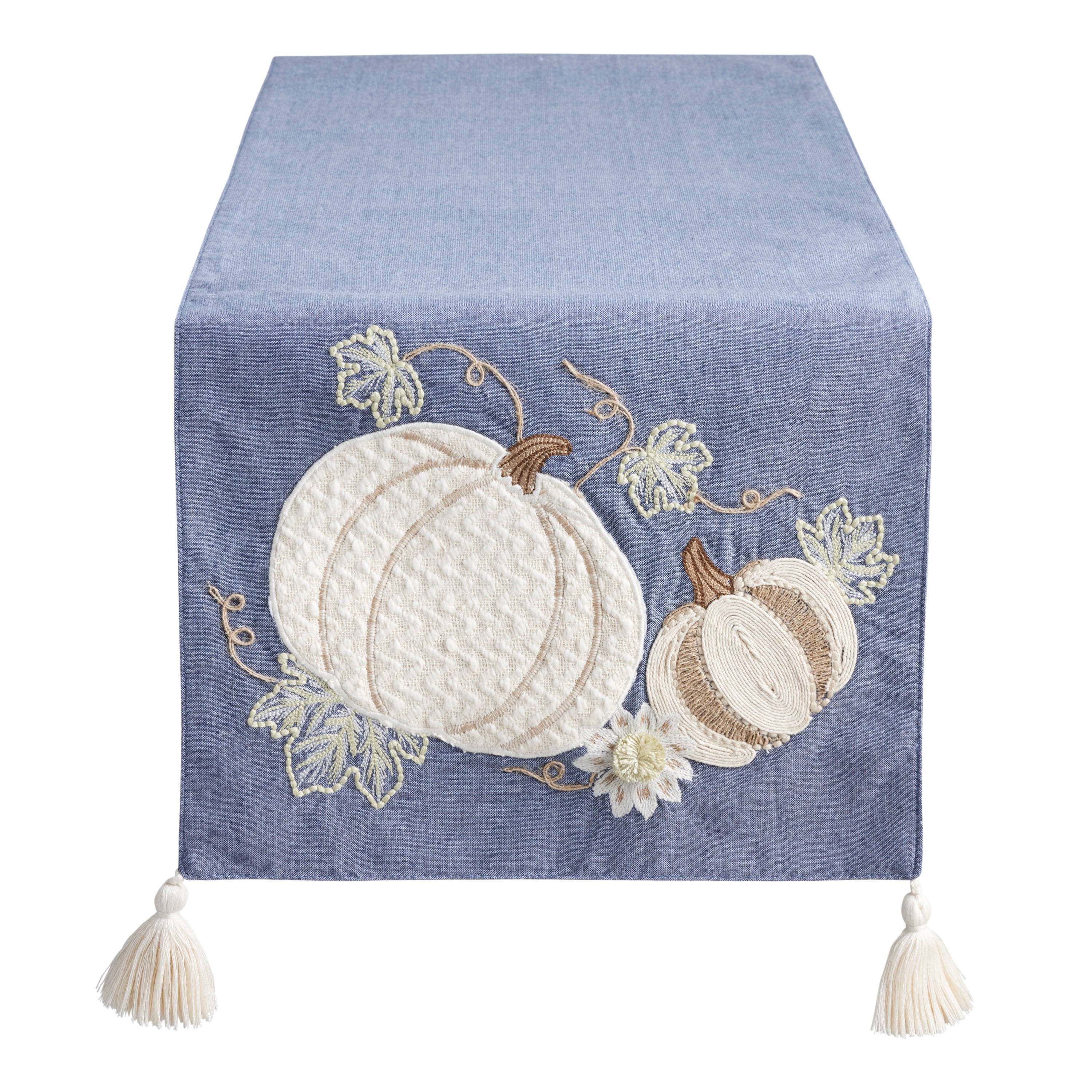 Chambray Blue Embroidered Pumpkin Table Runner - World Market