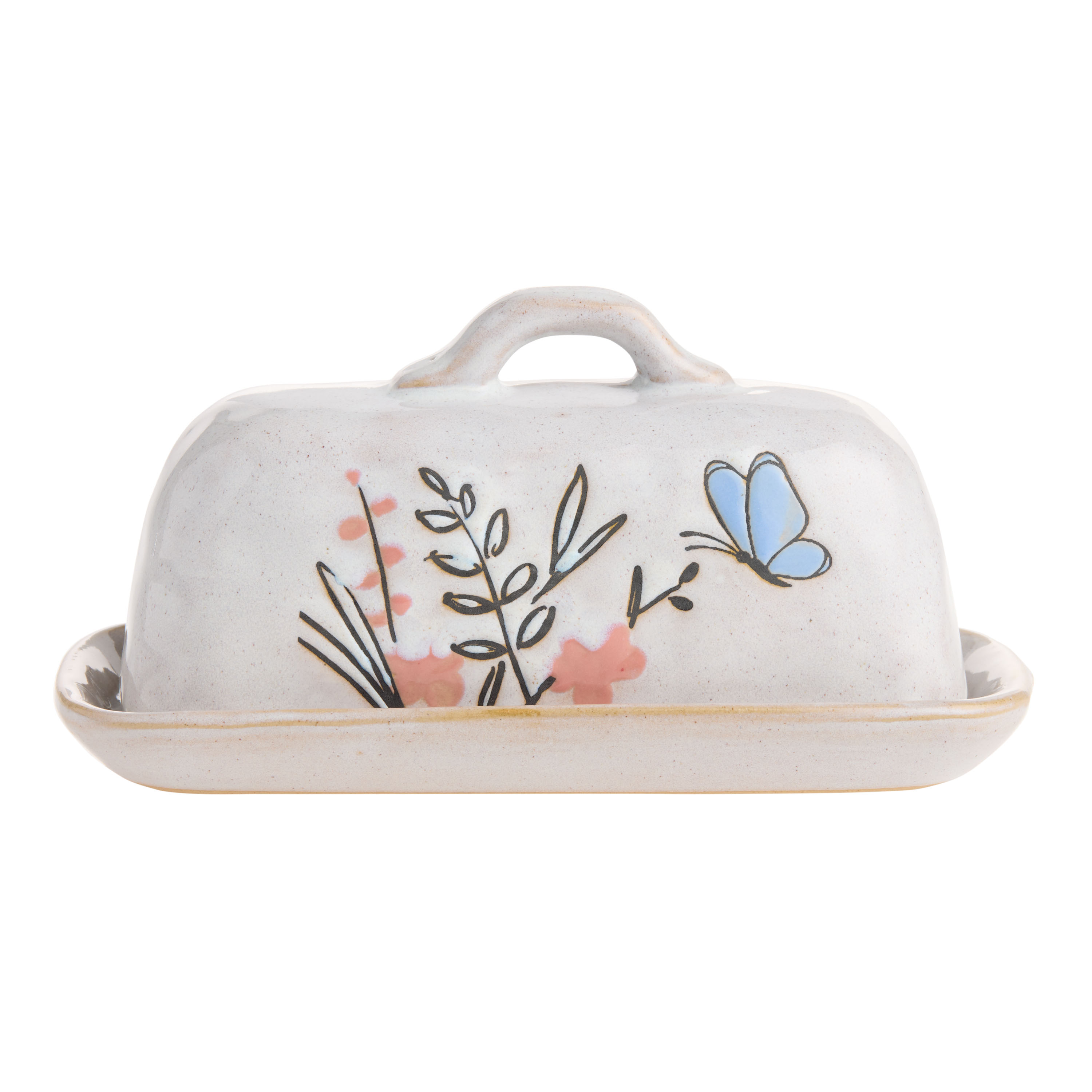 Ivory Wax Resist Ceramic Flowers and Butterfly Butter Dish - World Market