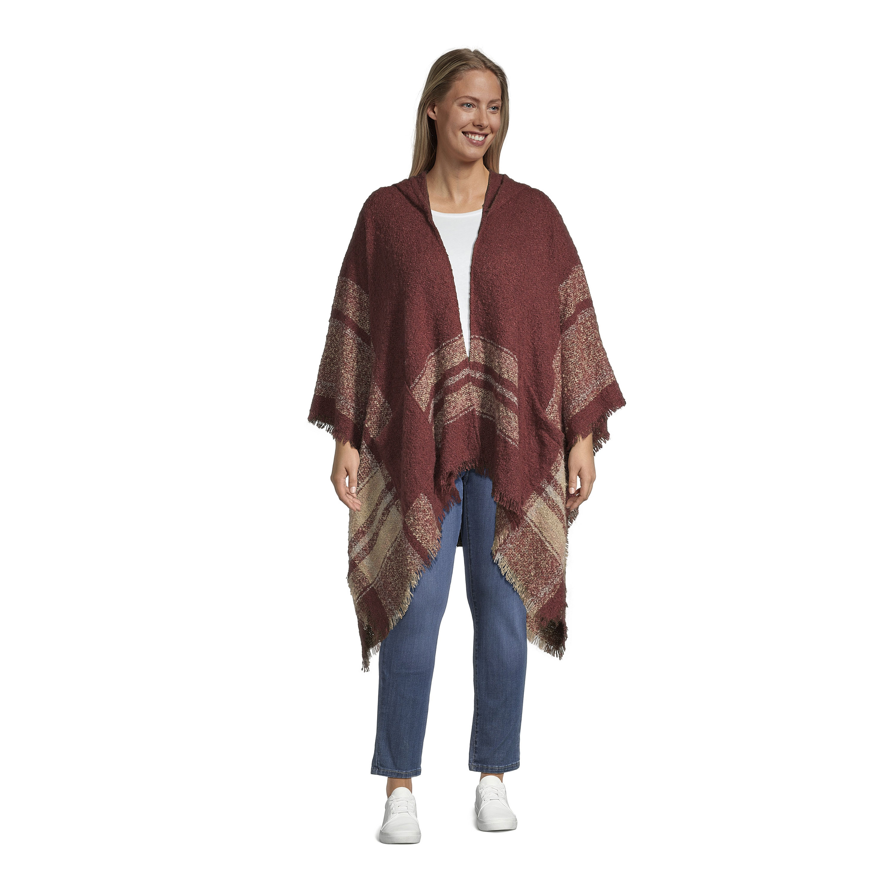 Wine Red And Ivory Plaid Hooded Wrap - World Market