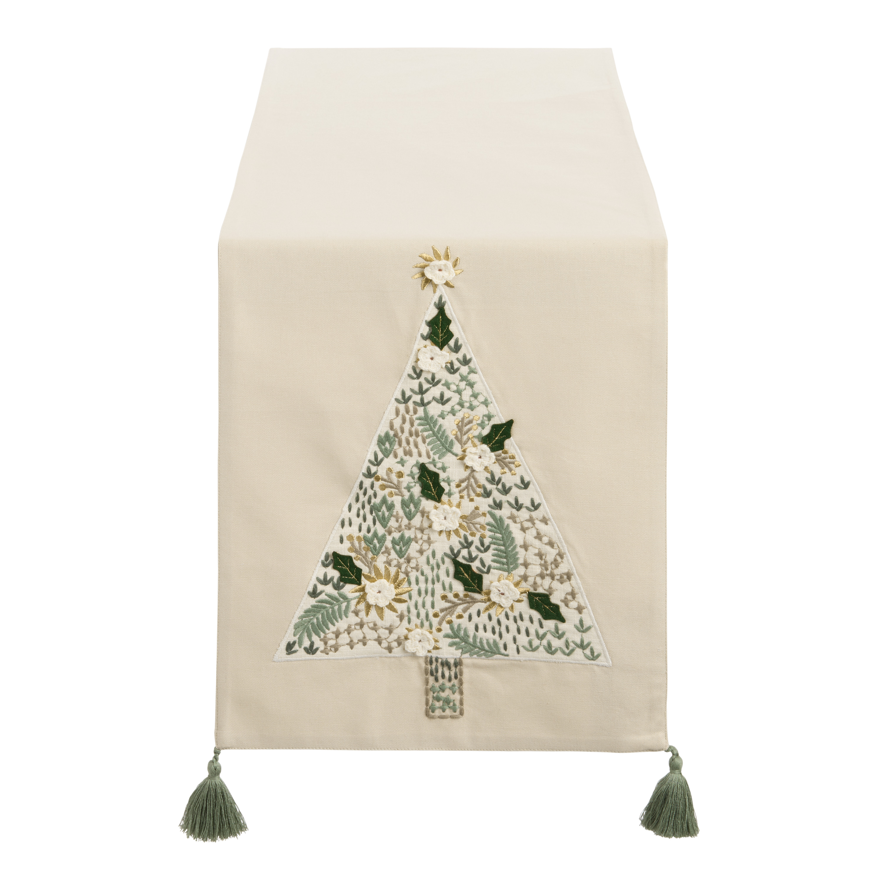 Ivory and Green Christmas Tree Embroidered Table Runner - World Market