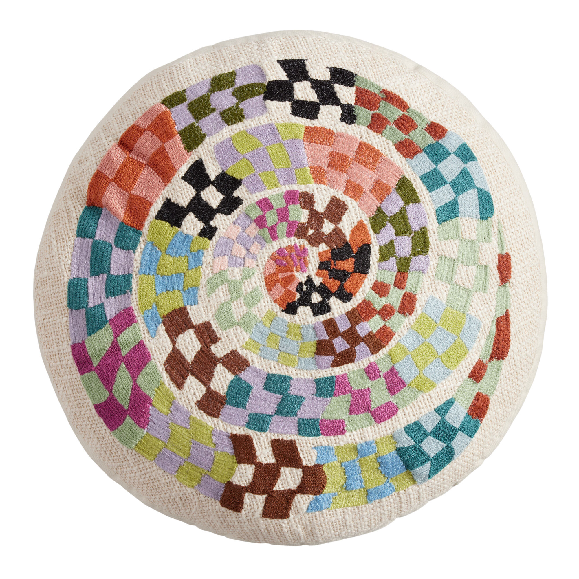 Round Multicolor Checkered Spiral Throw Pillow - World Market