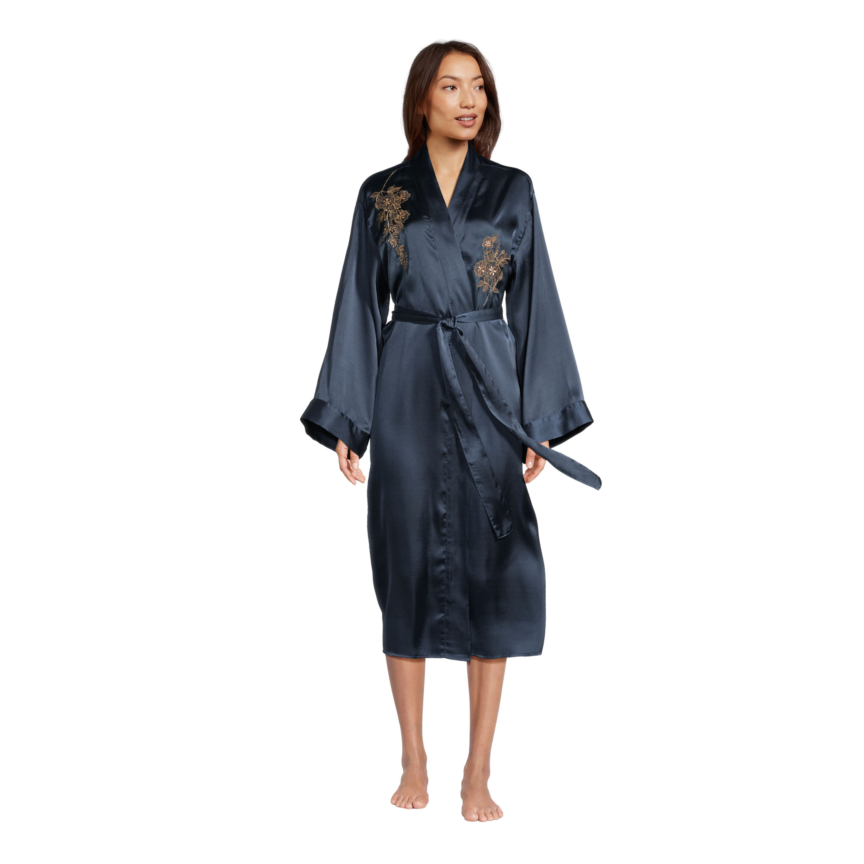 Dark Blue Satin Floral Embroidered Robe - World Market