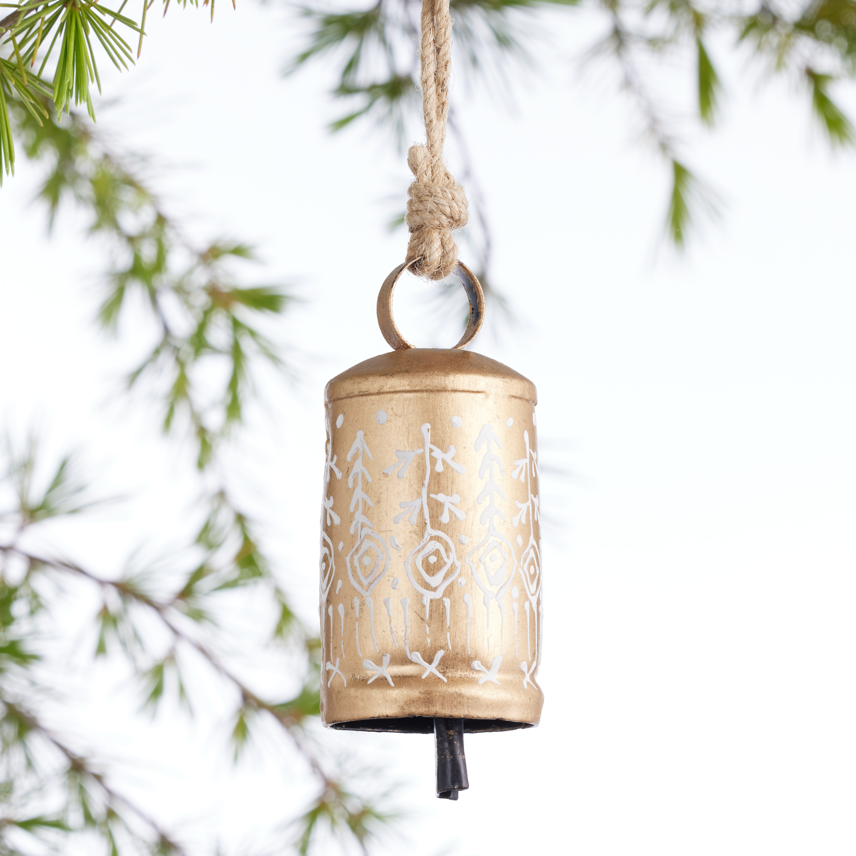 Gold Metal Bell With White Designs Ornament - World Market