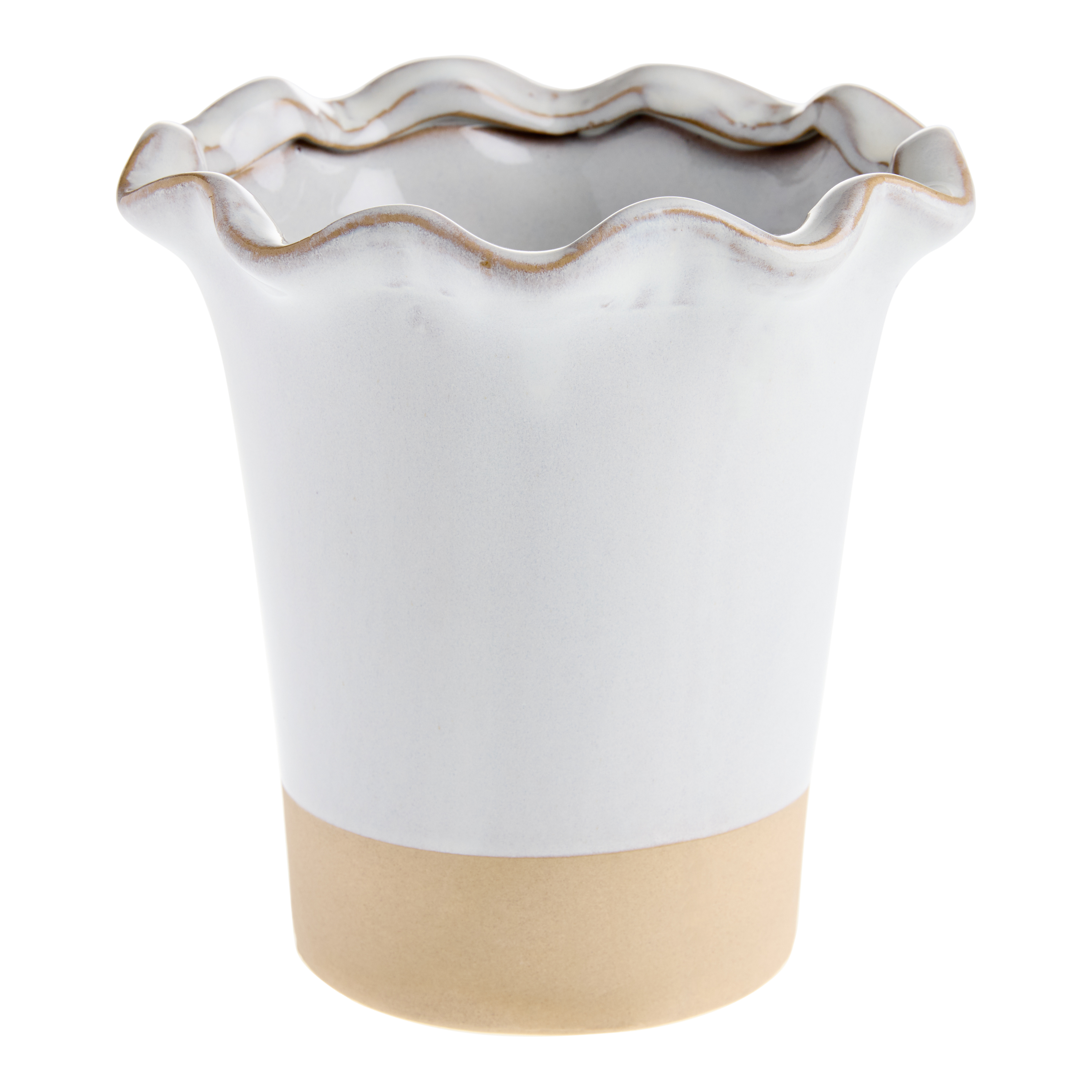 White and Tan Ceramic Ruffle Vase - World Market