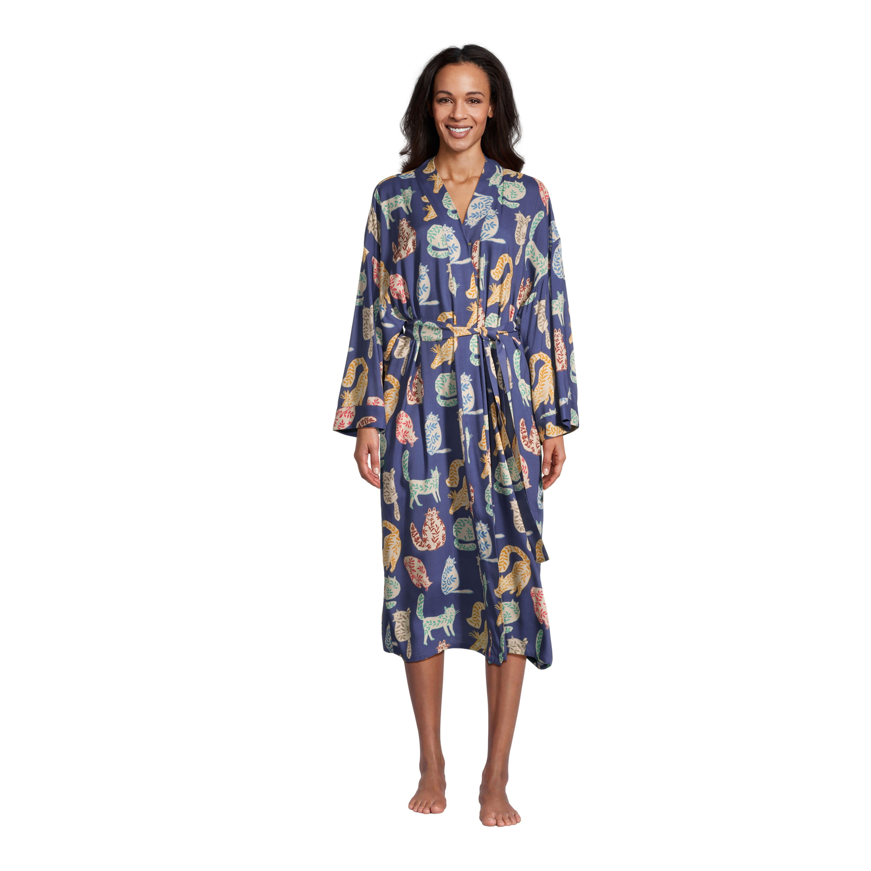 Indigo Blue Multicolor Artsy Cat Robe - World Market