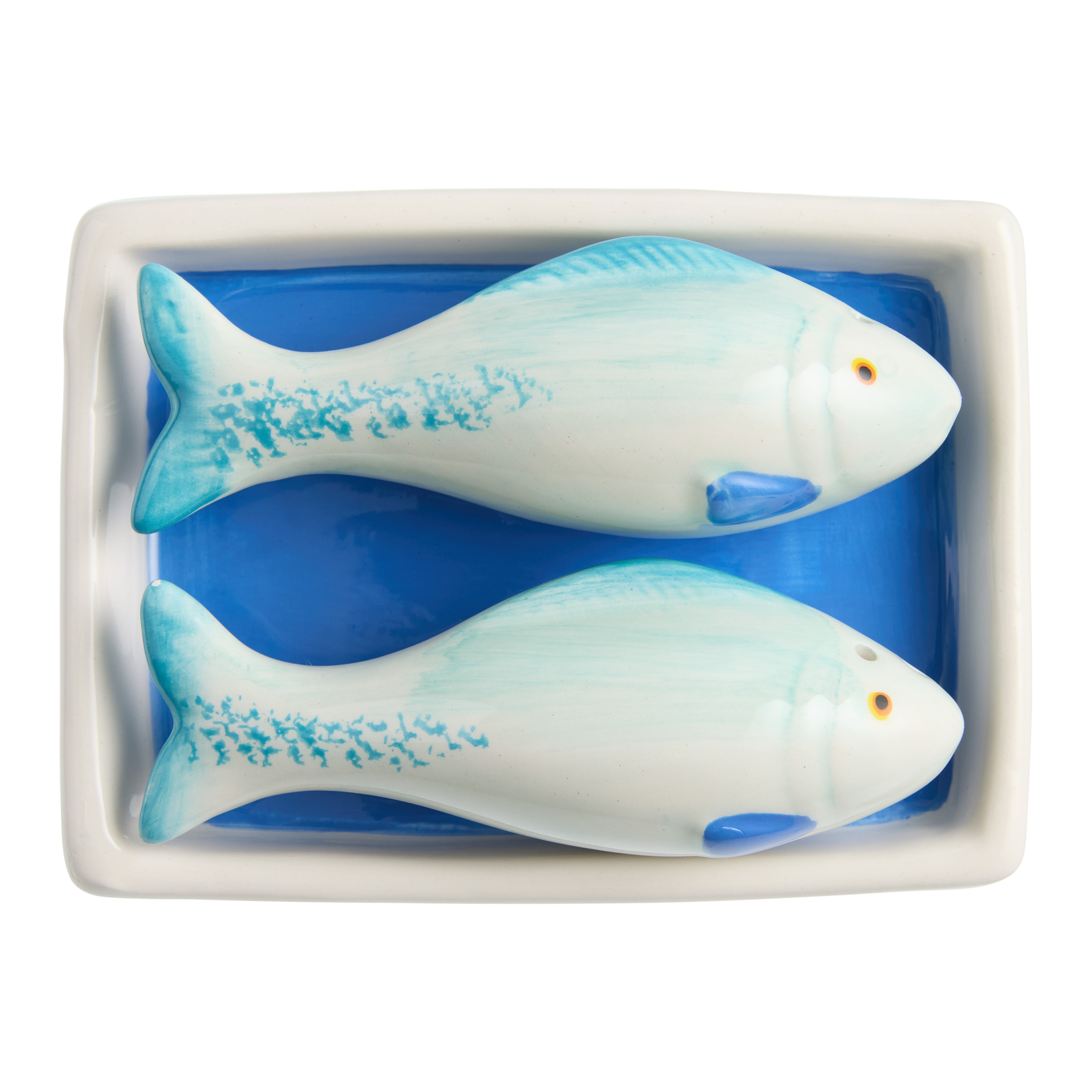 Blue Ceramic Tinned Fish Figural Salt and Pepper Shaker Set - World Market