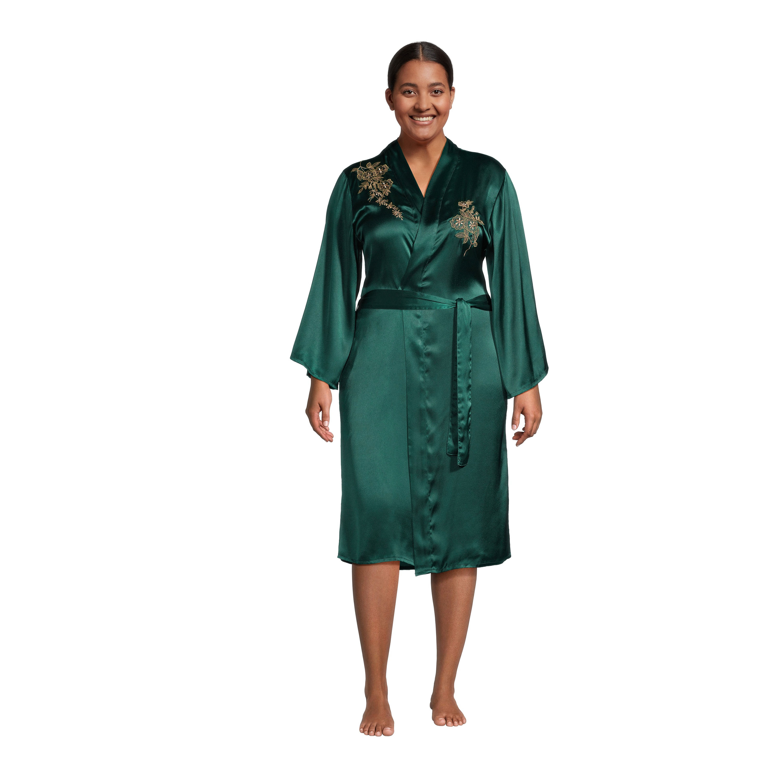 Emerald And Gold Satin Floral Embroidered Robe - World Market